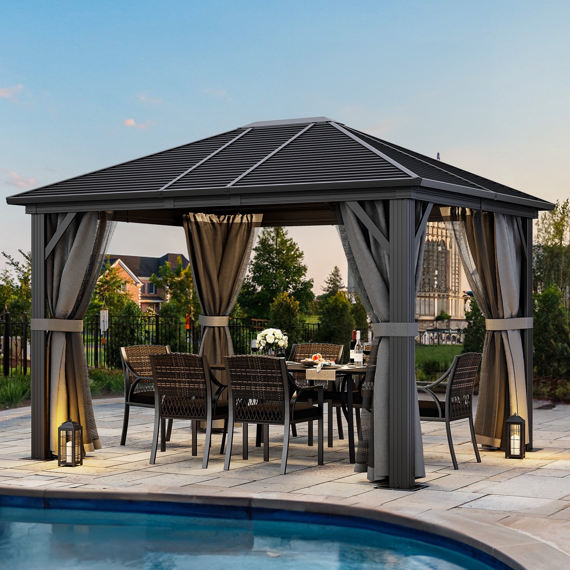 Dextrus 10x12ft Hardtop Gazebo with Nettings and Curtains,Heavy Duty ...