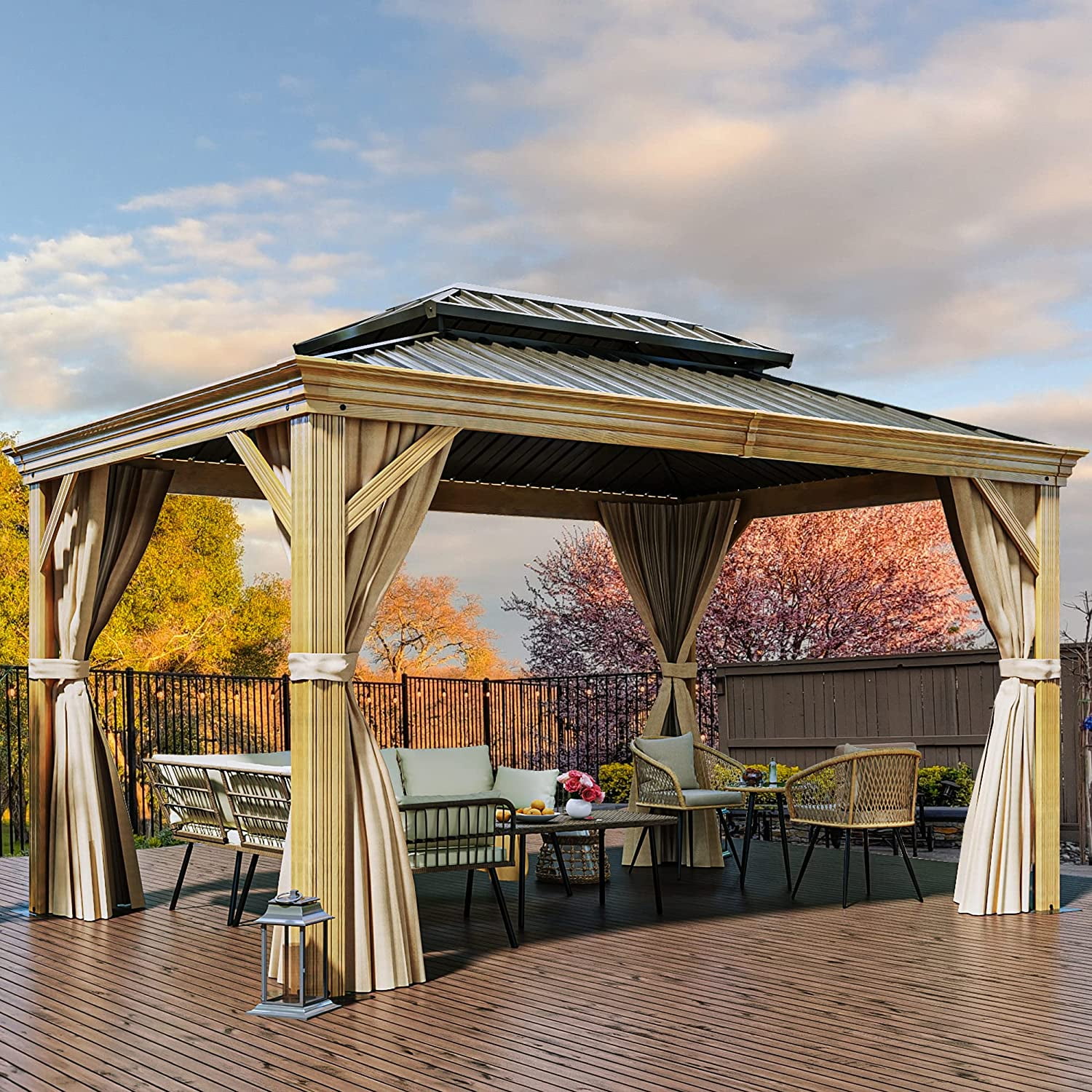 Dextrus 10’ x 12’ Hardtop Gazebo, Double Roof with Wood Grain Frame ...