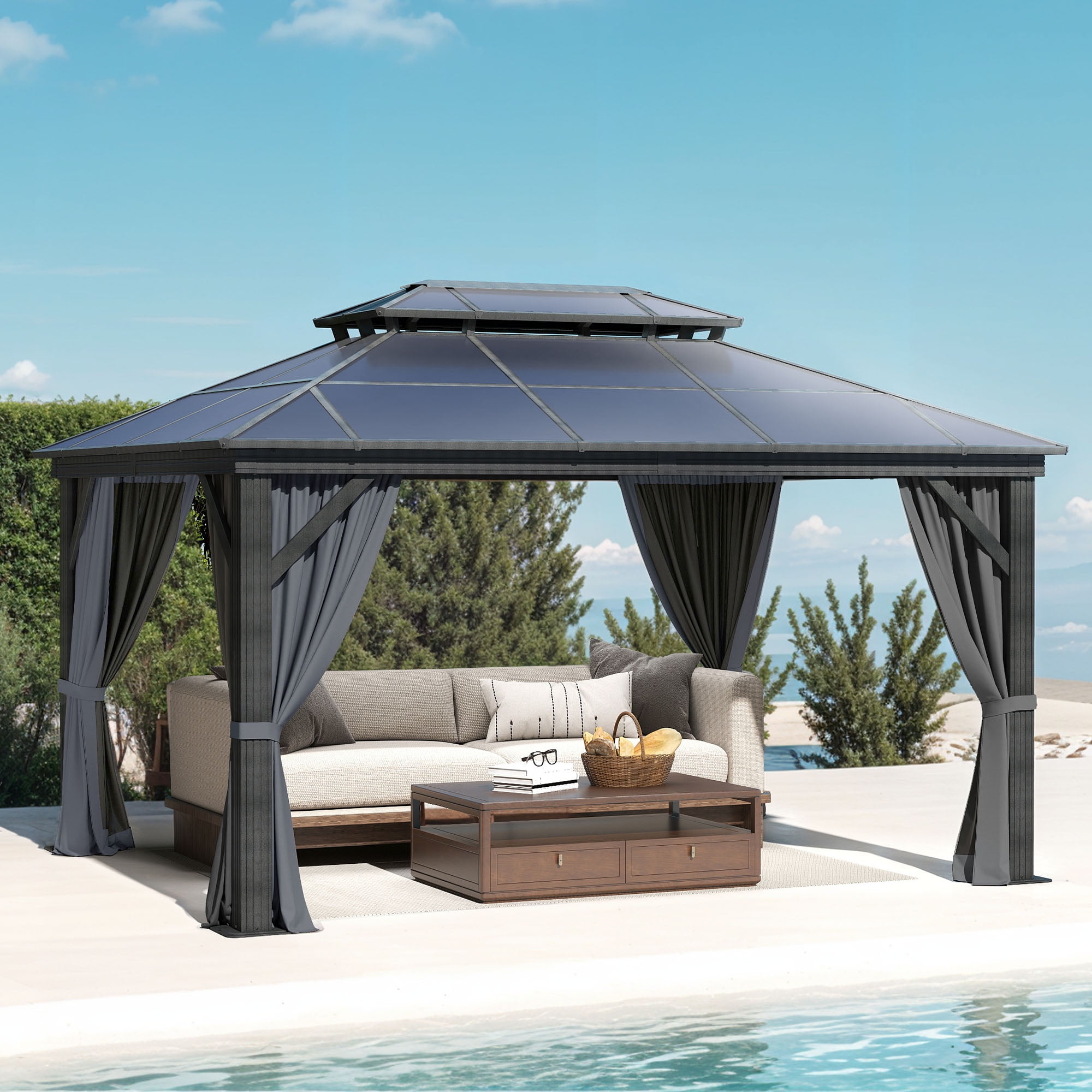 Dextrus 10x12ft Outdoor Hardtop Gazebo with Netting & Curtains, Double ...