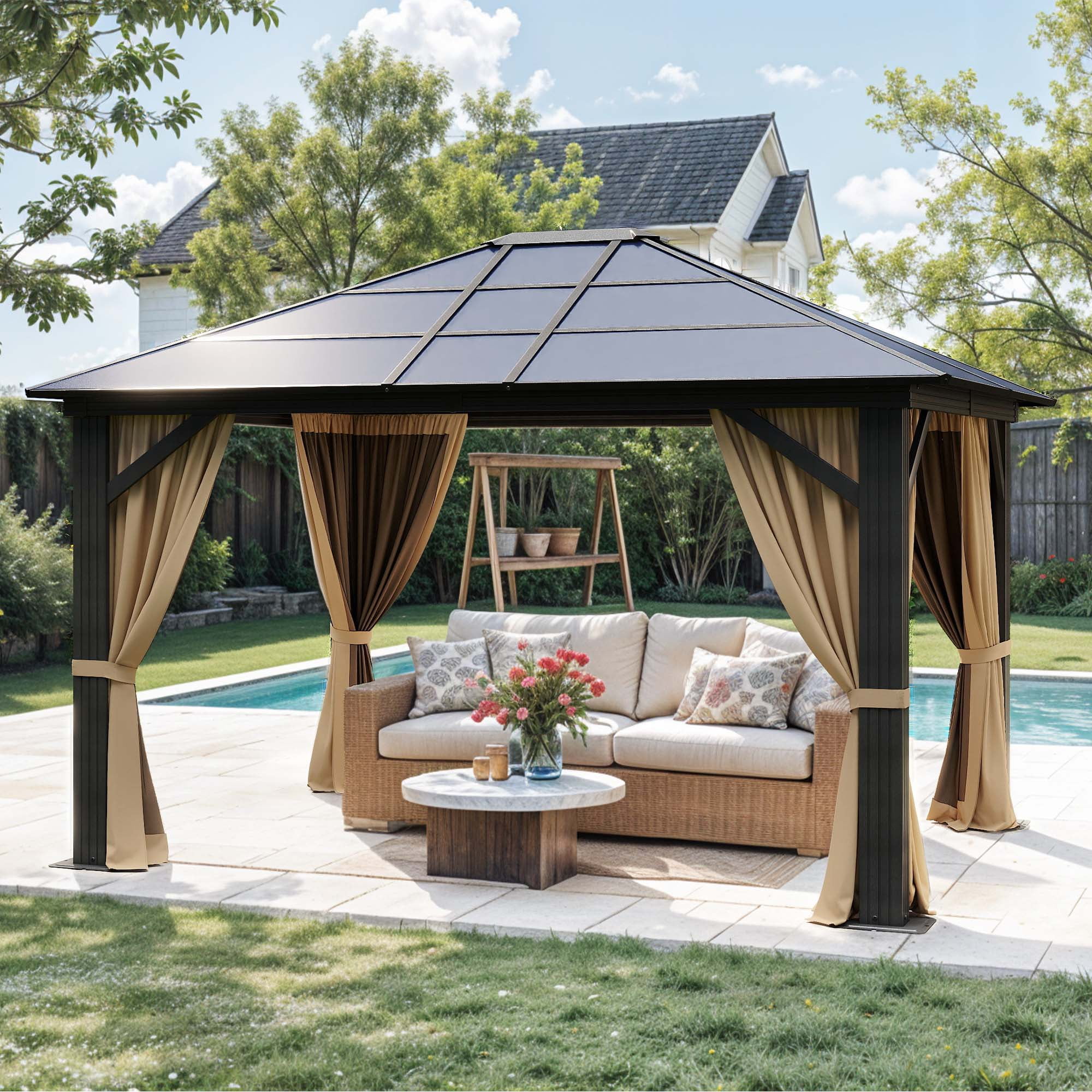 Dextrus 10x12ft Outdoor Hardtop Gazebo with Netting & Brown Curtains ...