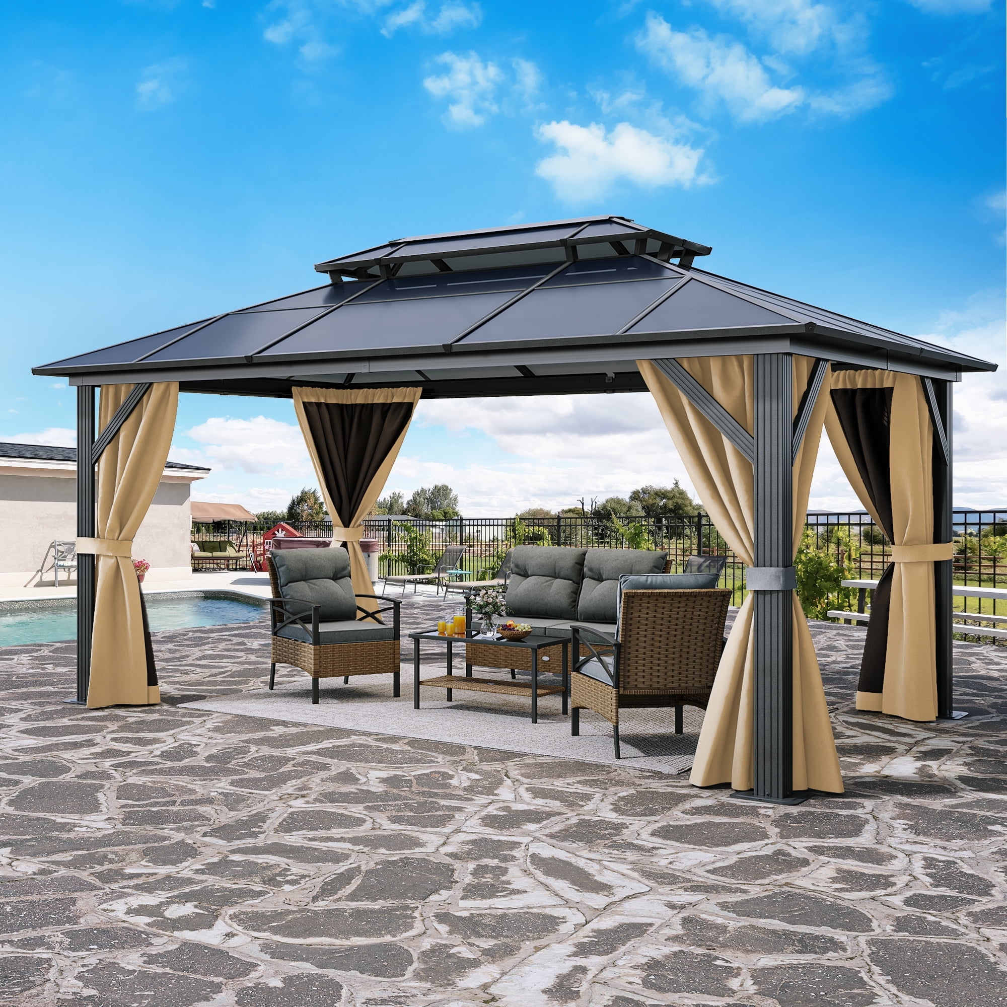 Dextrus 10x13FT Hardtop Gazebo with Metal Frame, Double Roof, Nettings ...