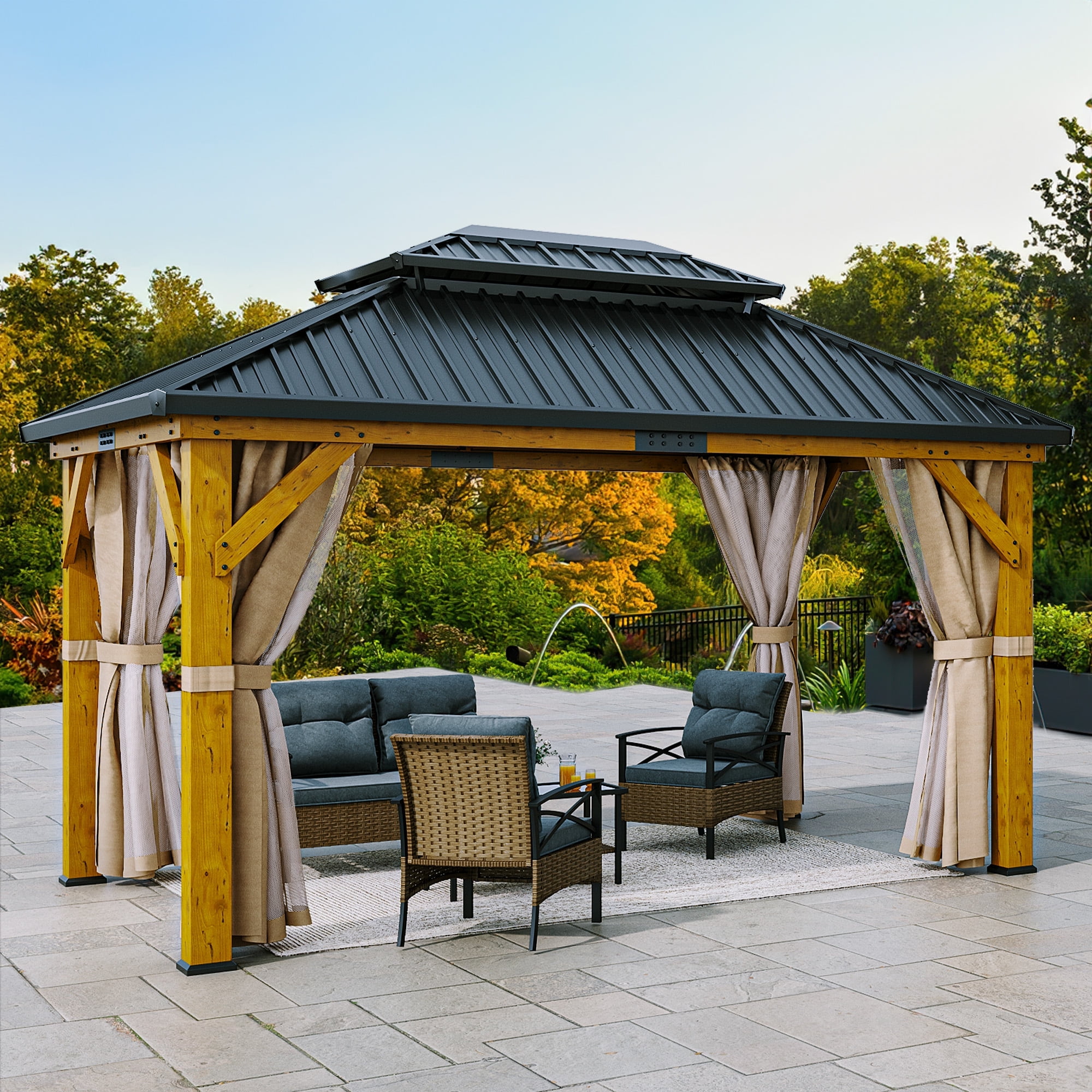 Dextrus 11x13FT Wood Hardtop Gazebo with Nettings and Curtains,Outdoor ...