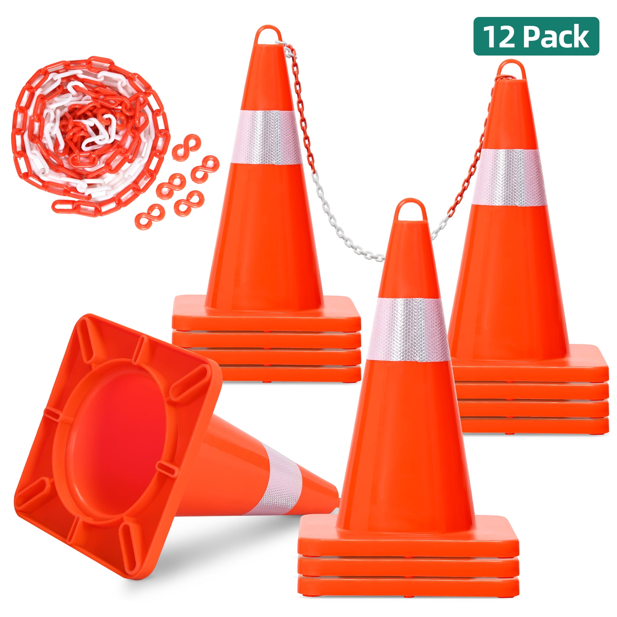 Dextrus 12 Pcs Traffic Cones, 18" PVC Safety Cones with 19.7ft Chain ...