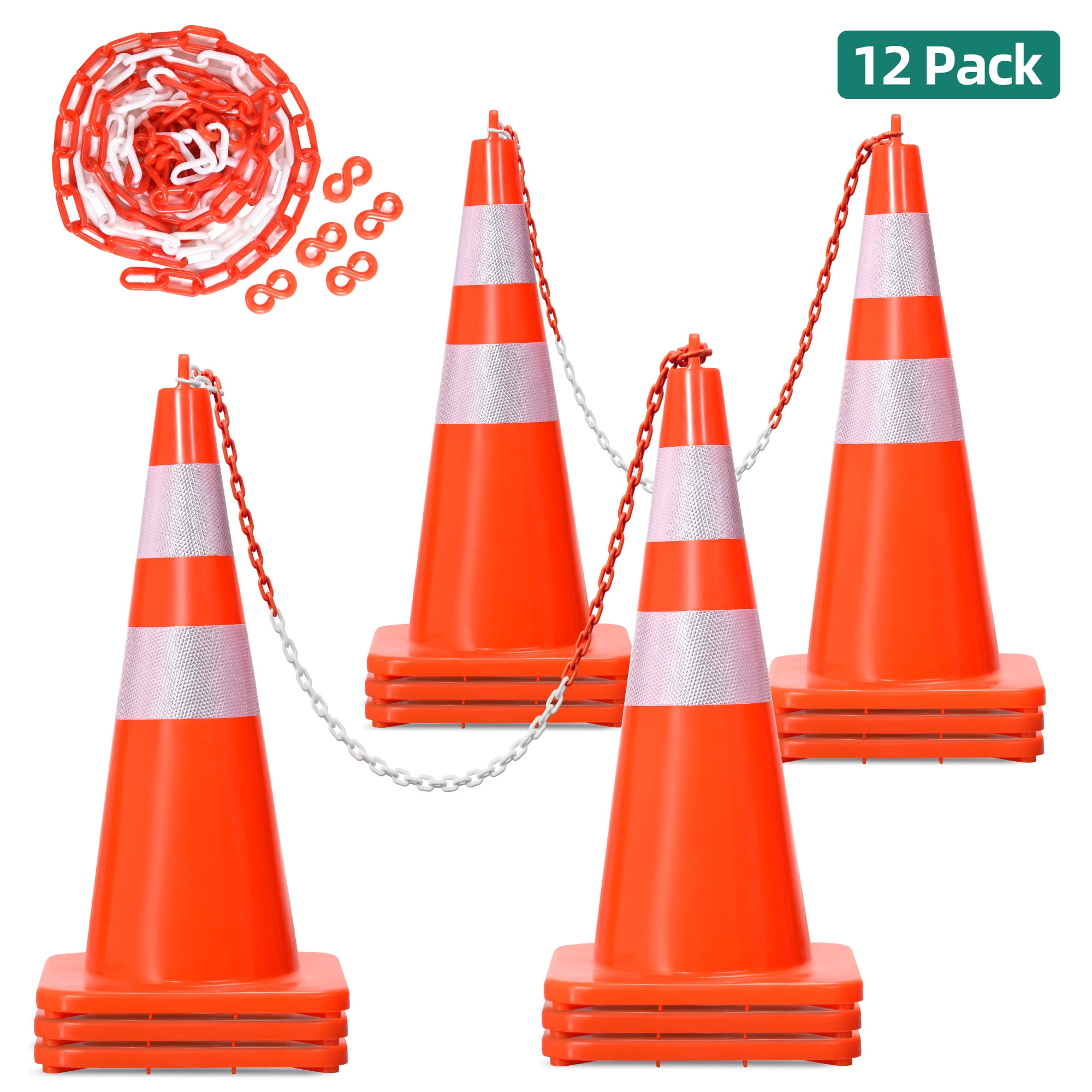 Dextrus 12 Pcs Traffic Cones, 28" PVC Safety Cones with 36 ft Chain and Reflective Collars ...