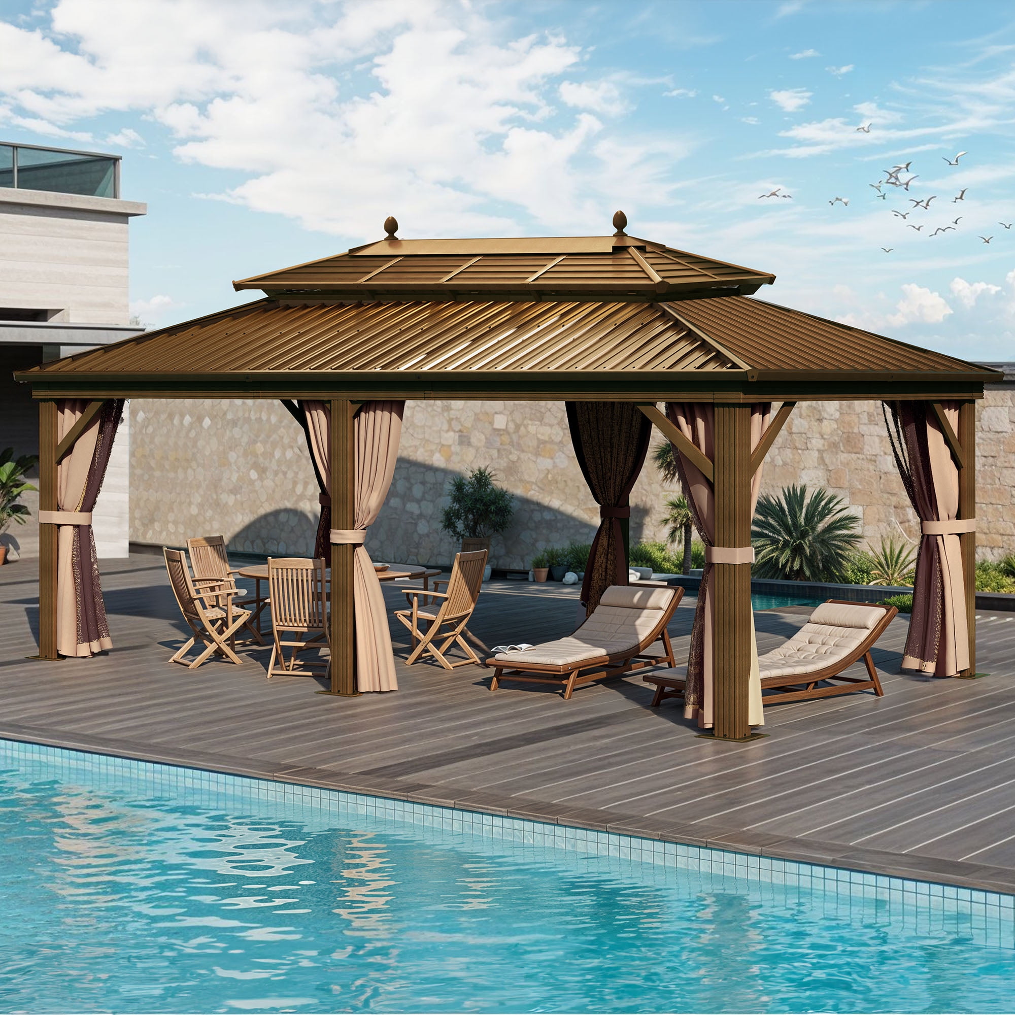 Dextrus 12'x20' Double Roof Hardtop Gazebo with Nettings & Curtains ...