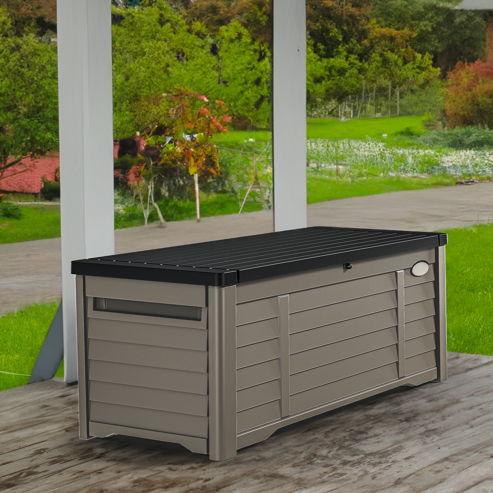 Dextrus Outdoor Waterproof 120 Gallon Resin Deck Box, Black & Brown ...