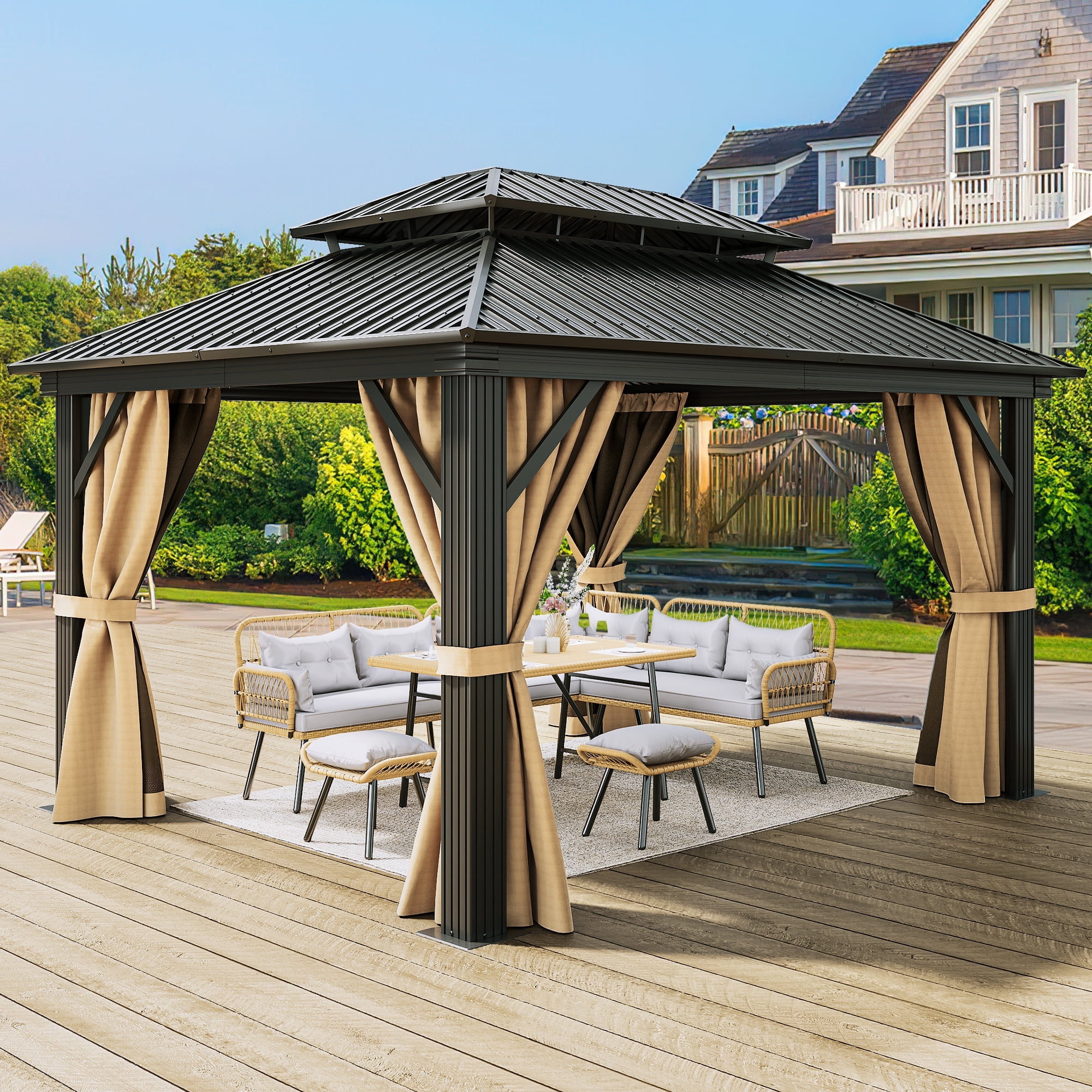 Dextrus 12ft x14ft Double Roof Hardtop Gazebo with Netting, Heavy Duty ...