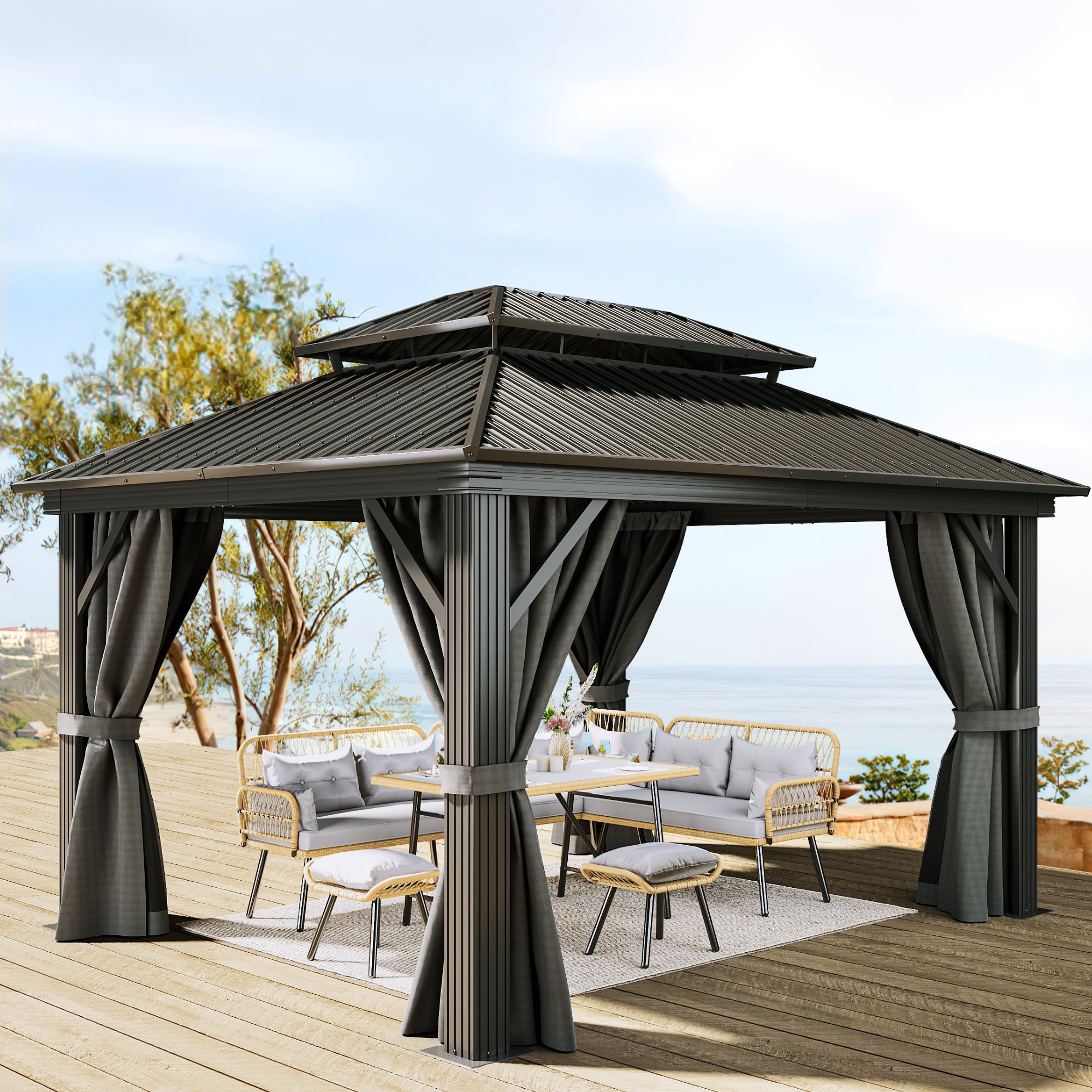 Dextrus 12ft x14ft Double Roof Hardtop Gazebo with Netting&Curtains ...