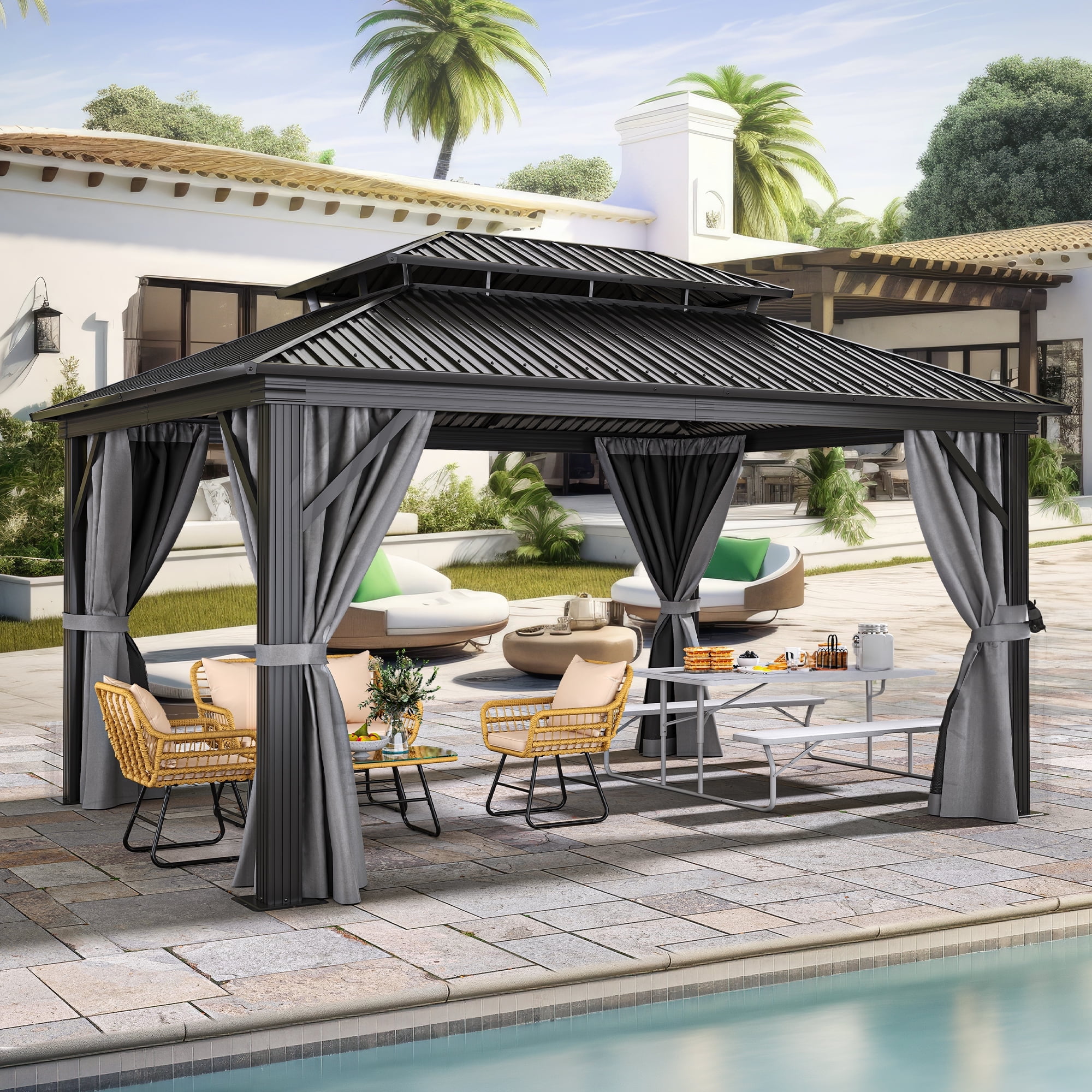 Dextrus 12ft x16ft Double Roof Hardtop Gazebo with Netting&Curtains ...