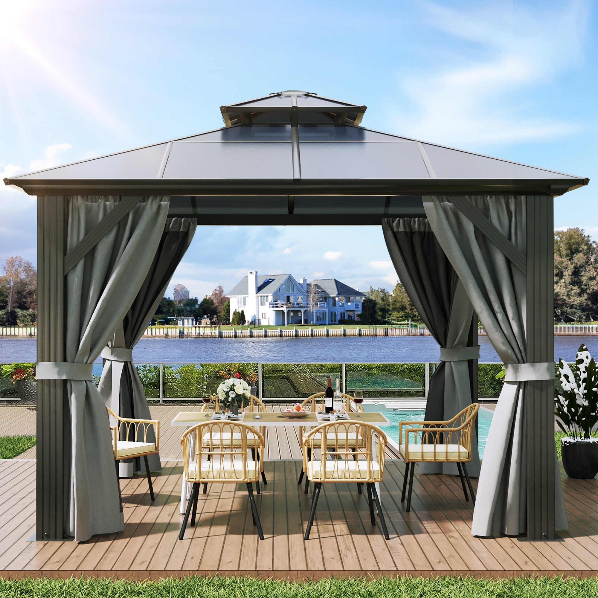 Dextrus 12x12FT Outdoor Double Roof Gazebo Polycarbonate Hardtop with ...