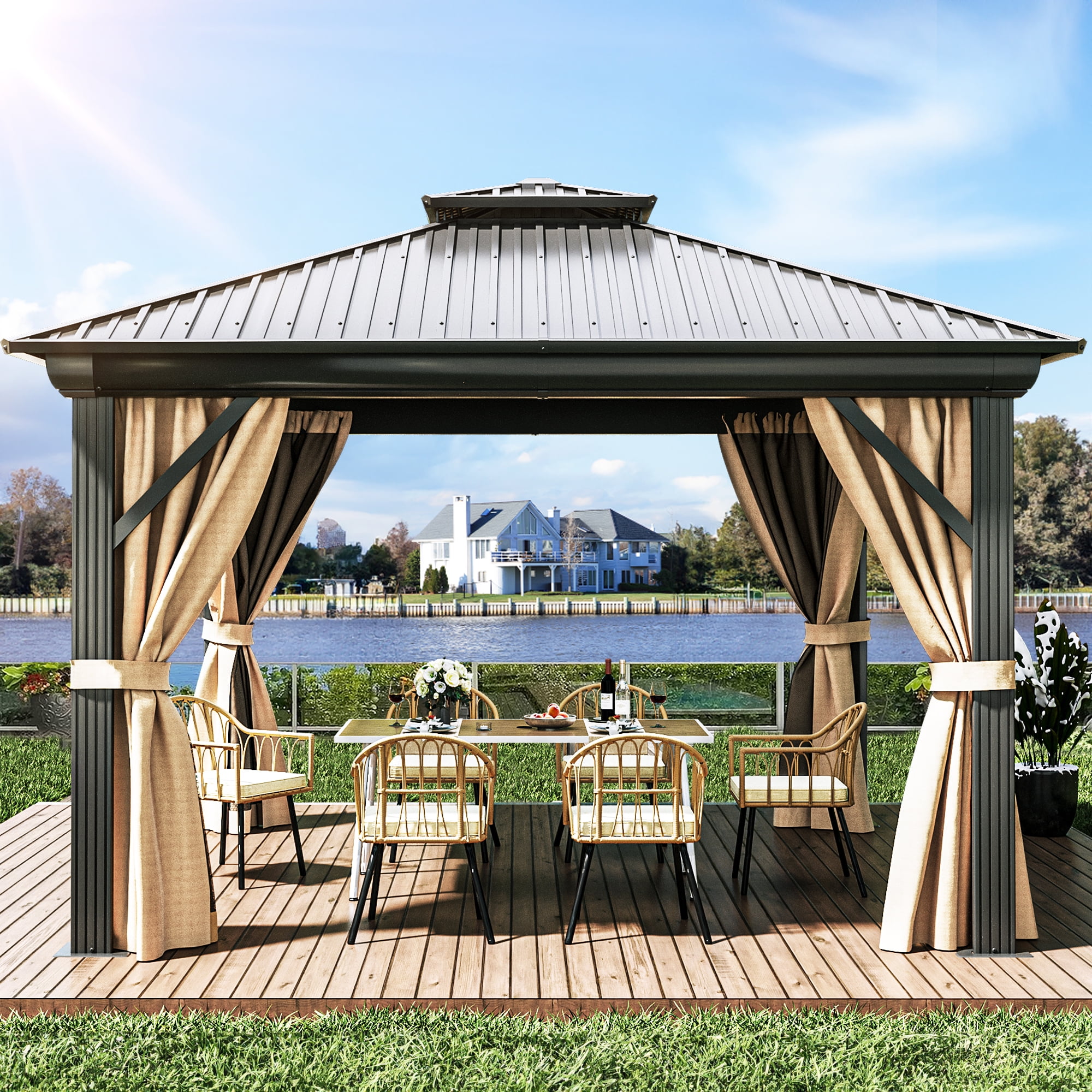 Dextrus Hardtop Canopy Gazebo, 12x12ft Double Roof, Iron & Aluminum ...