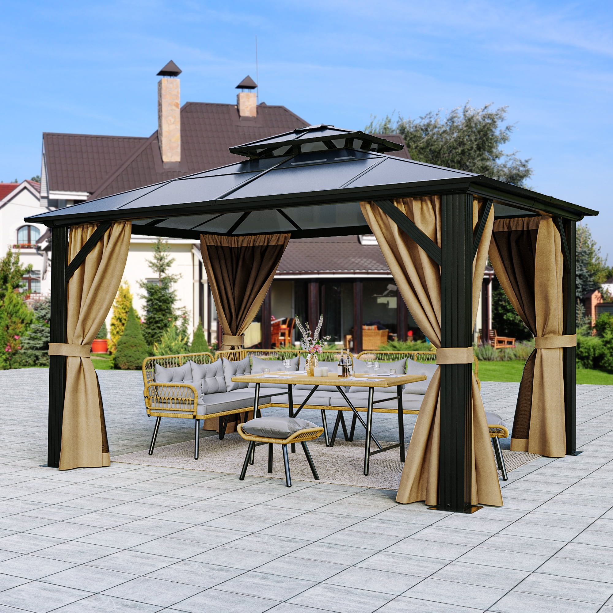 Dextrus 12x14FT Gazebo Hard-Top Double Roof Canopy Outdoor with Netting ...