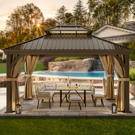 Dextrus 12x14ft Heavy Duty Gazebo with Netting, Curtains, Double Roof ...