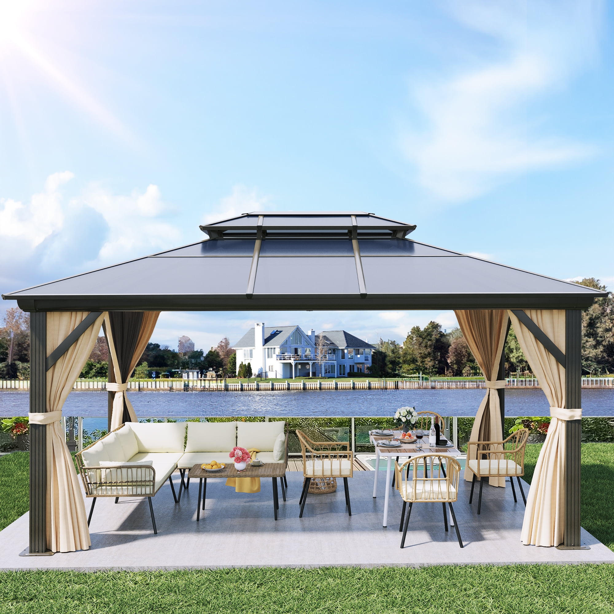 Dextrus 12x16 FT Hard-Top Gazebo with Netting and Curtains for Patio ...