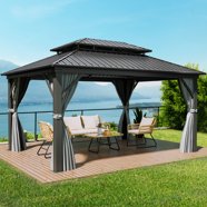Dextrus Double Roof Hardtop Gazebo with Netting and Curtains, Outdoor ...