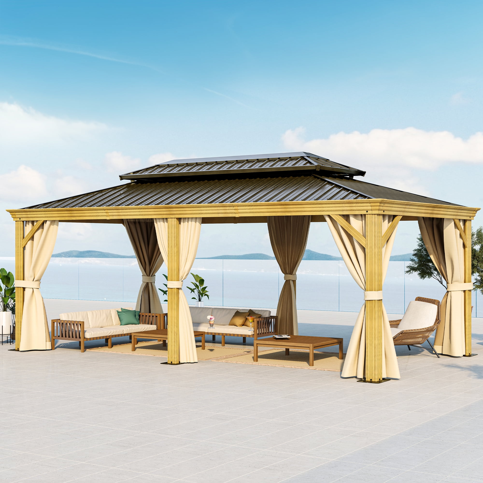 Dextrus 12x20ft Brown Hardtop Gazebo with Curtains, Netting, Galvanized ...