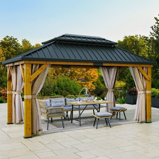 Dextrus 13x15FT Hardtop Gazebo with Nettings and Curtains,Outdoor ...