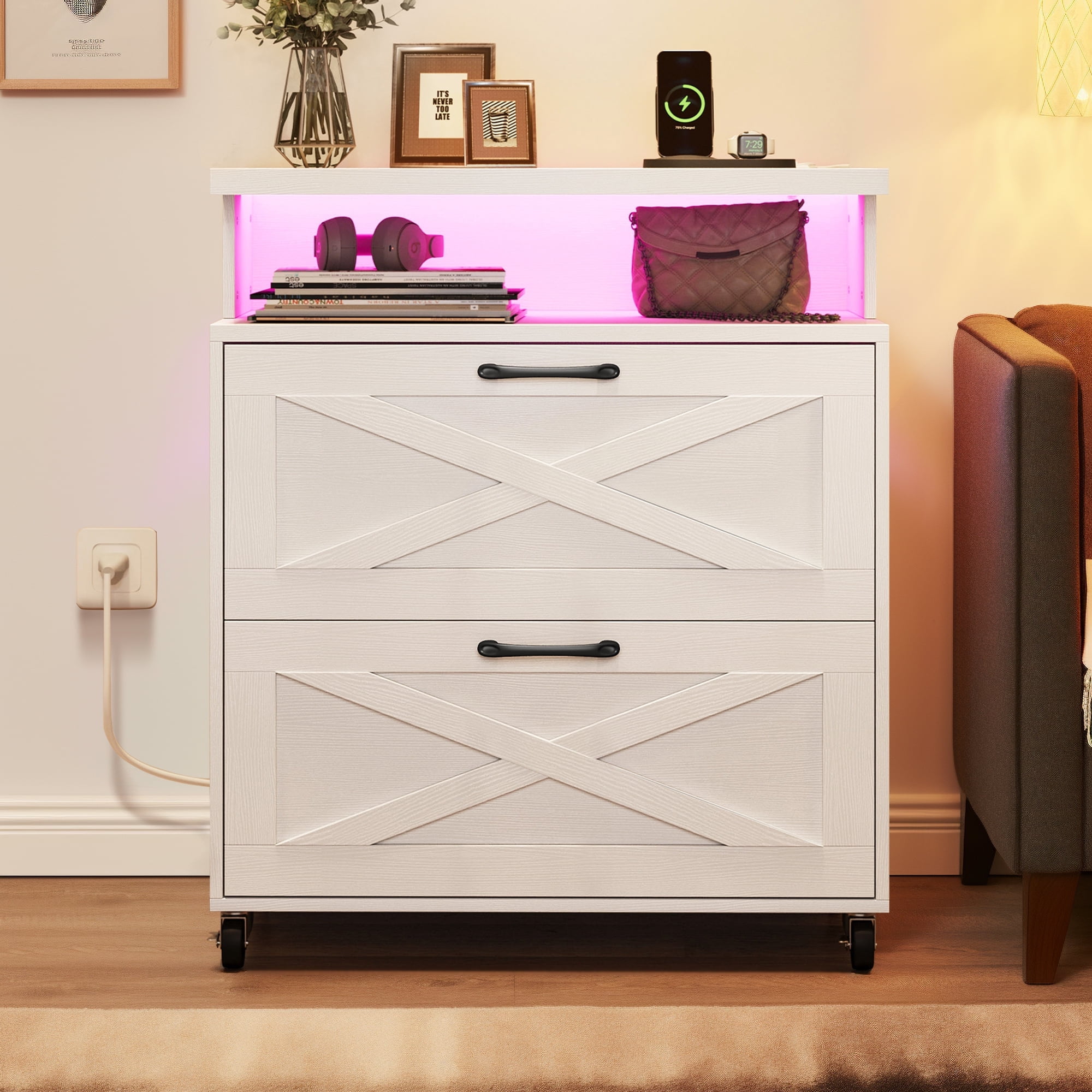 Dextrus 2 Drawer File Cabinet with Charging Station & LED Light ...