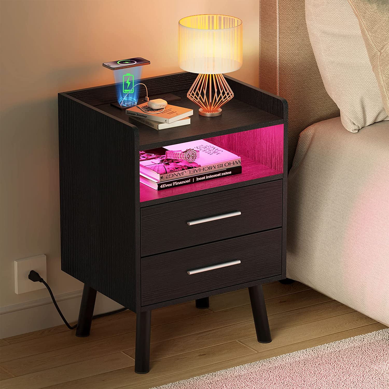 Dextrus 2 Drawer Nightstand with Wireless Charging Station and LED ...