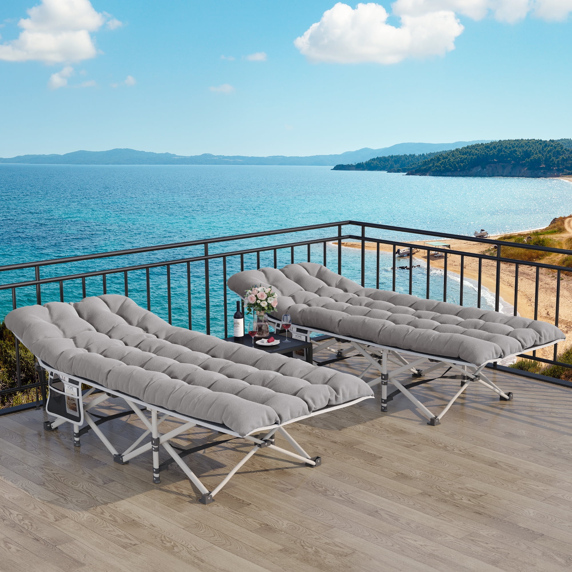 Dextrus 2 Pcs Grey Camping Cots with Mattress Portable Lounge Chair ...
