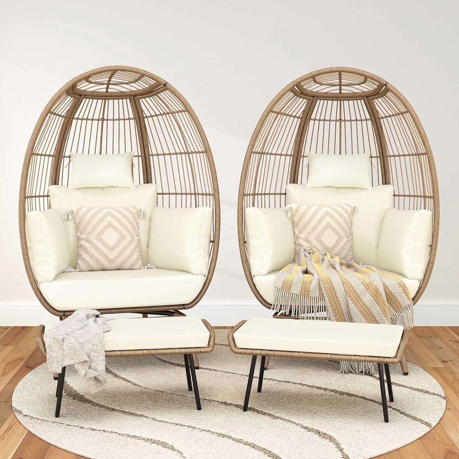 Dextrus 2 Piece Outdoor Egg Chair with Ottoman Oversized Indoor Egg ...