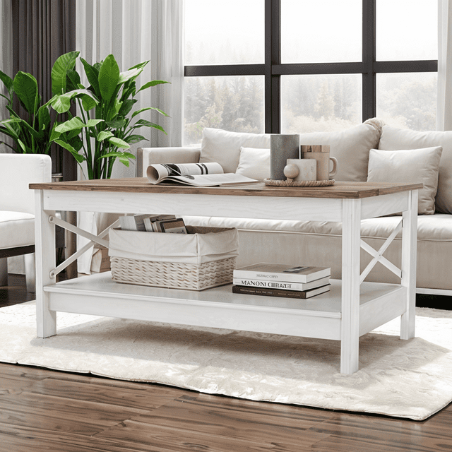 Dextrus 2-Tier Farmhouse Coffee Table with Storage, Wood Center Table ...