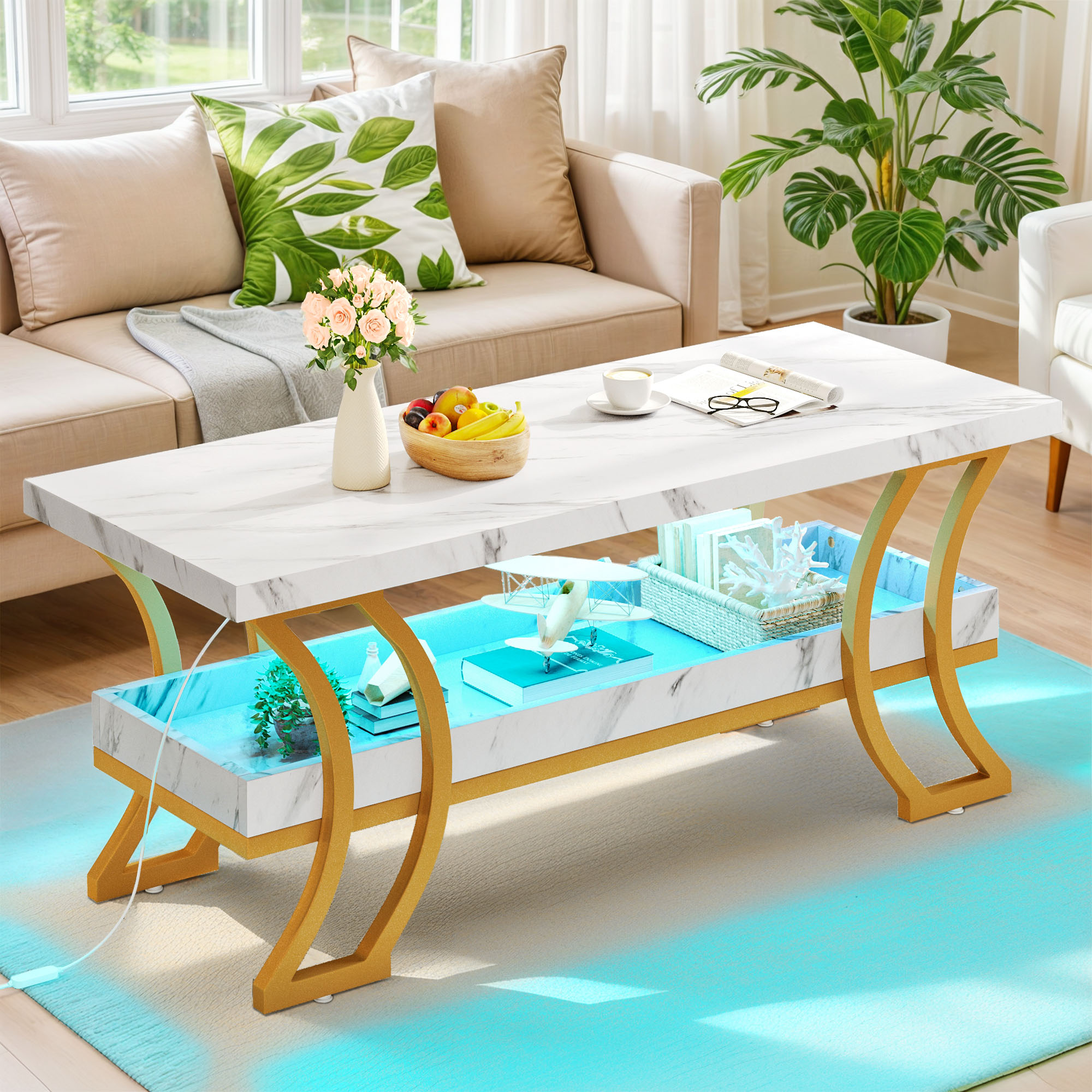 Costway Modern Faux Marble 2-Tier Gold Rectangle Coffee Table for ...