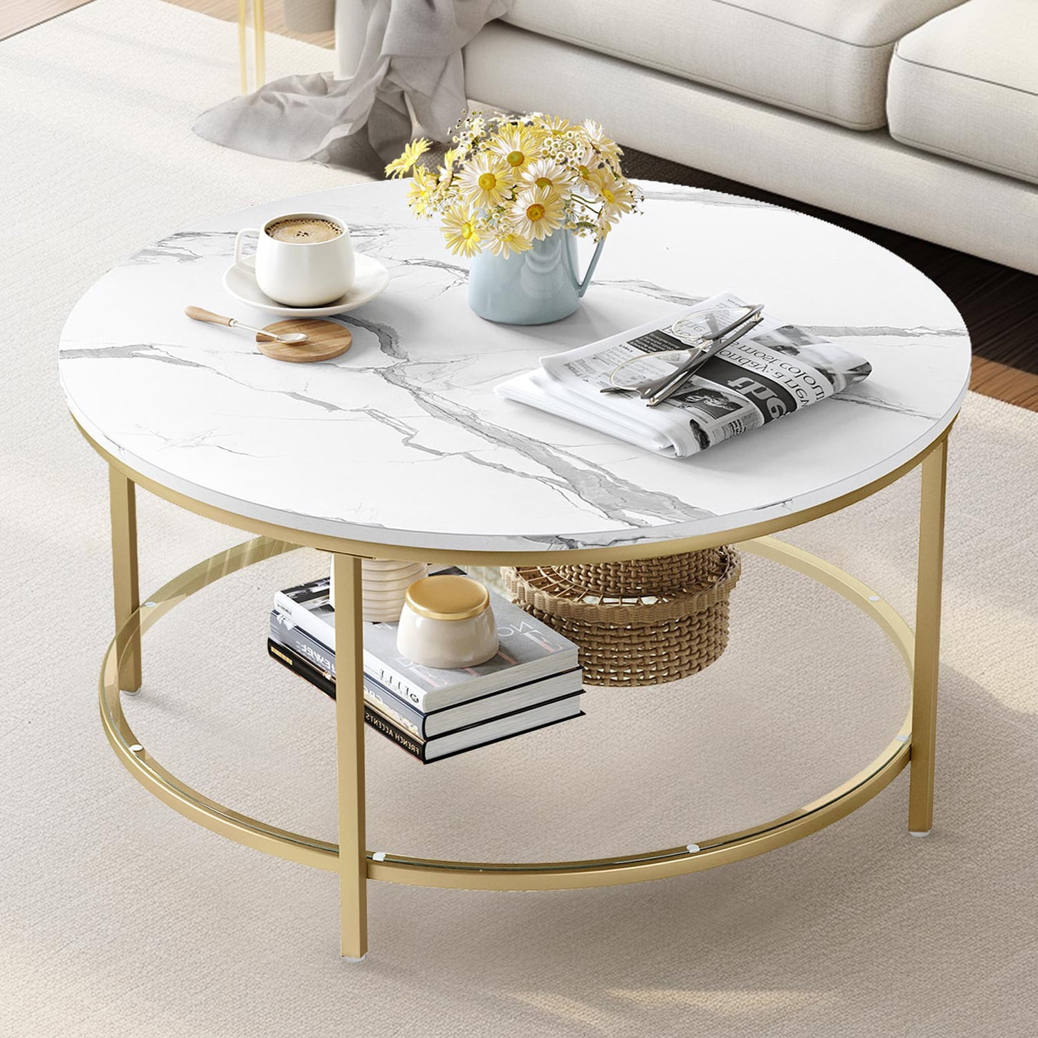 Dextrus 2-Tier Round Coffee Table Marble Center Cocktail Table with ...