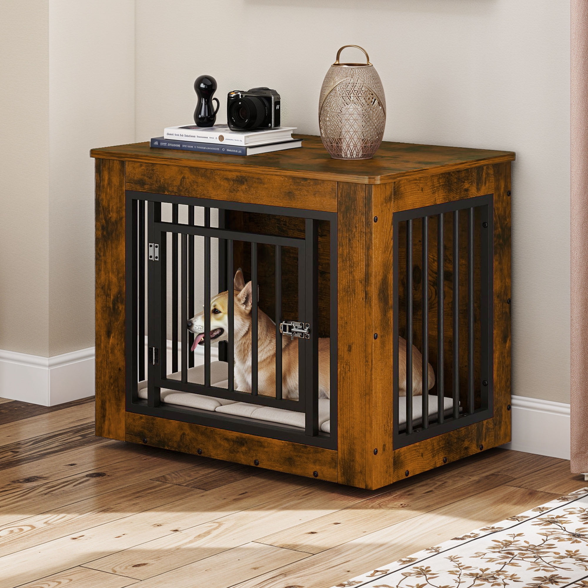 Dextrus 2-in-1 Iron-Wood Dog Crate Furniture with Waterproof Top,Modern ...