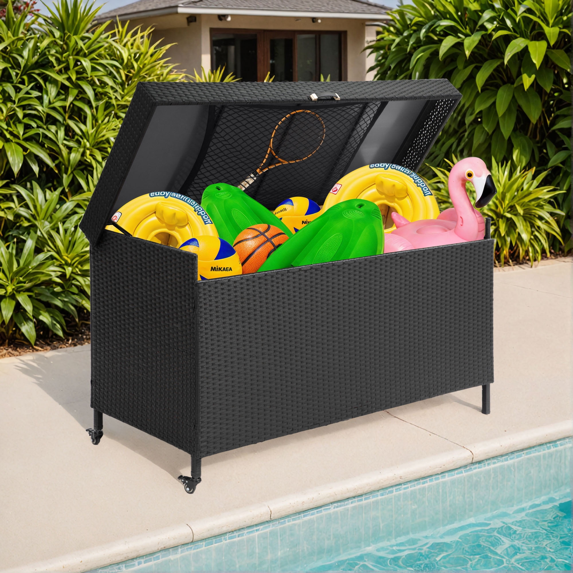 Dextrus 200-Gallon Large Deck Box w/Storage Net, Outdoor Wicker Storage ...