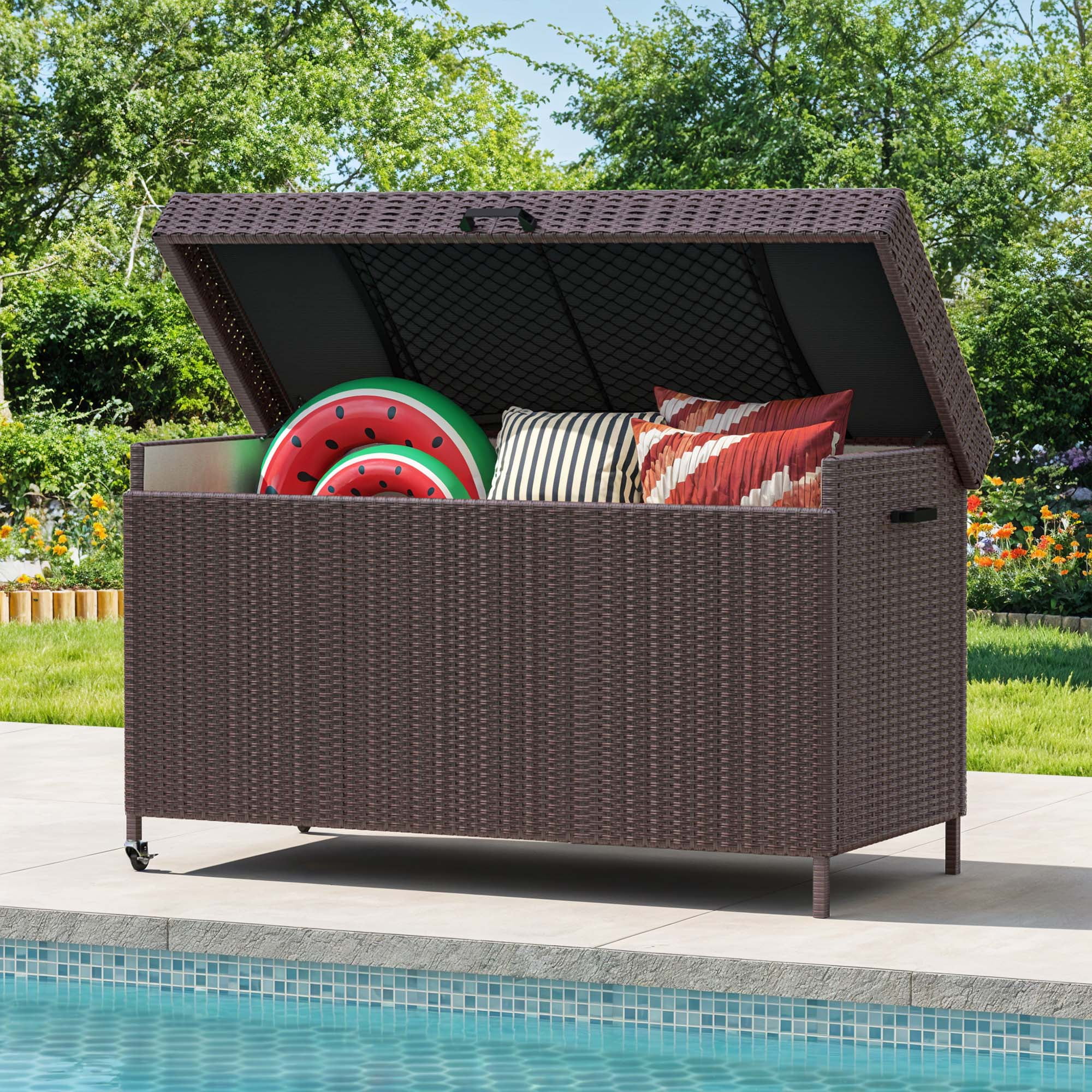 Dextrus 200-Gallon Large Deck Box w/Storage Net, Outdoor Wicker Storage ...