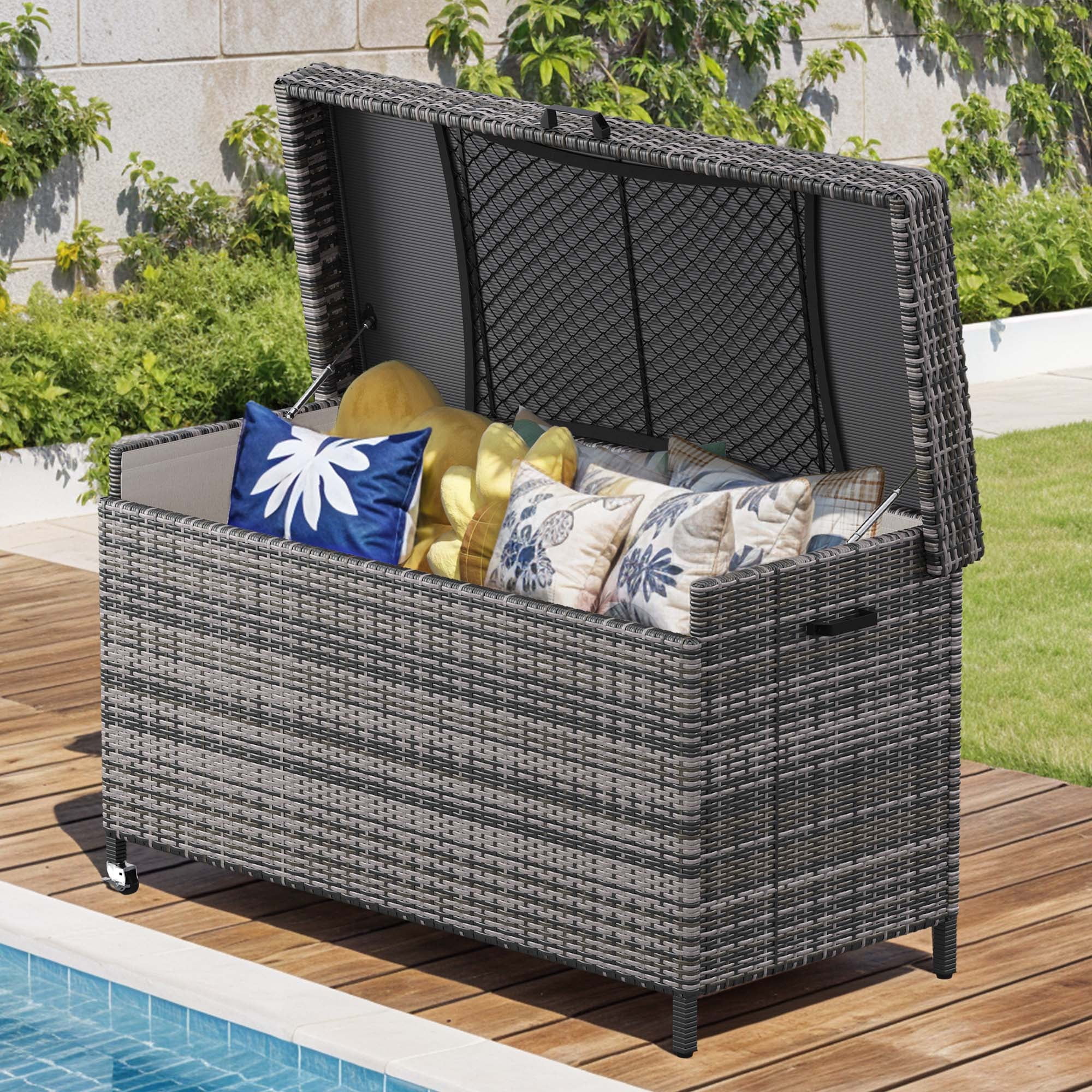 Dextrus 200-Gallon Large Deck Box w/Storage Net, Outdoor Wicker Storage ...