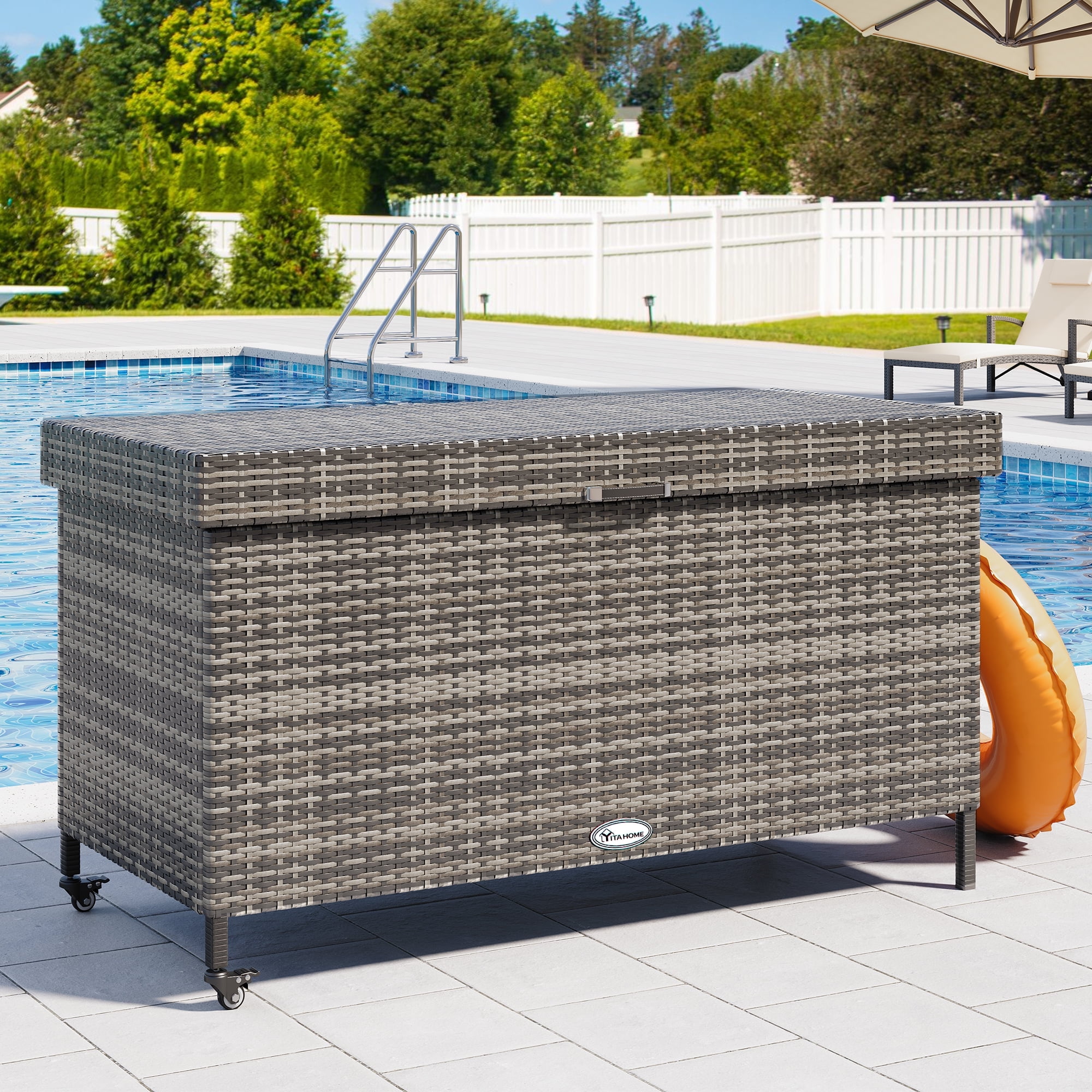 Dextrus Outdoor 200 Gallon Waterproof Wicker Deck Box with Storage Net ...