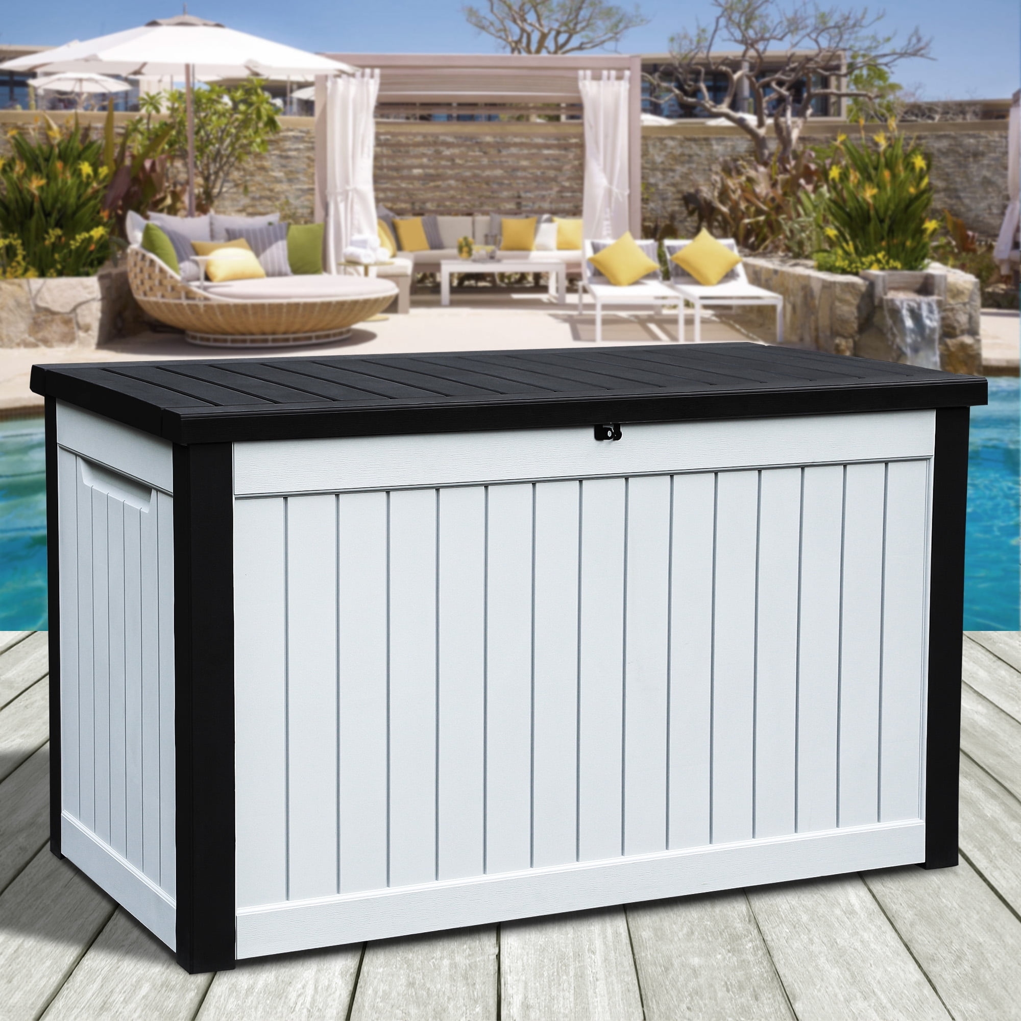 Dextrus Outdoor Weatherproof 230 Gallon Resin Deck Box, Black & White ...