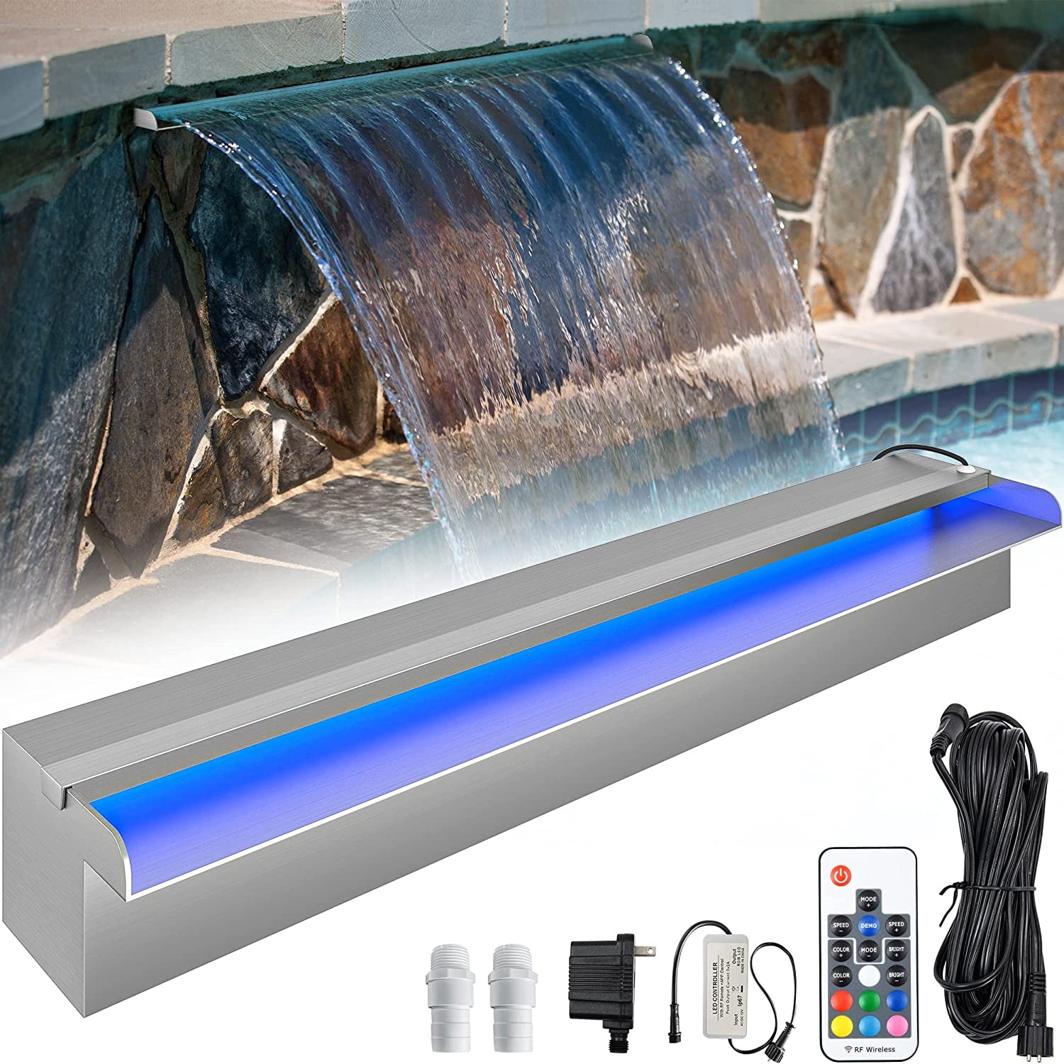 Dextrus 24" Pool Fountain Stainless Steel Pool Waterfall with 7 Colors ...