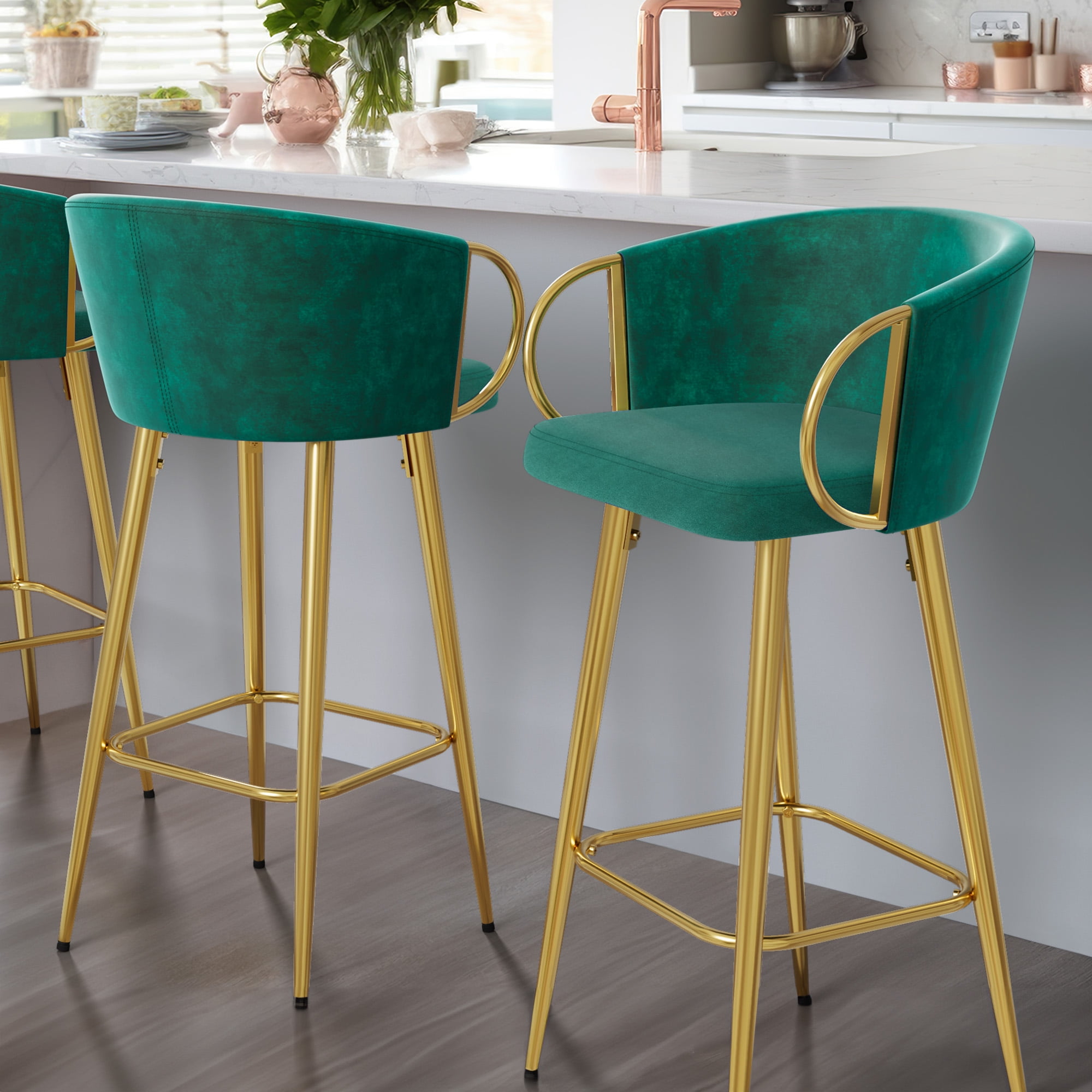 Dextrus 27" Velvet Counter Stools Set of 2, Mid-century Modern Bar ...