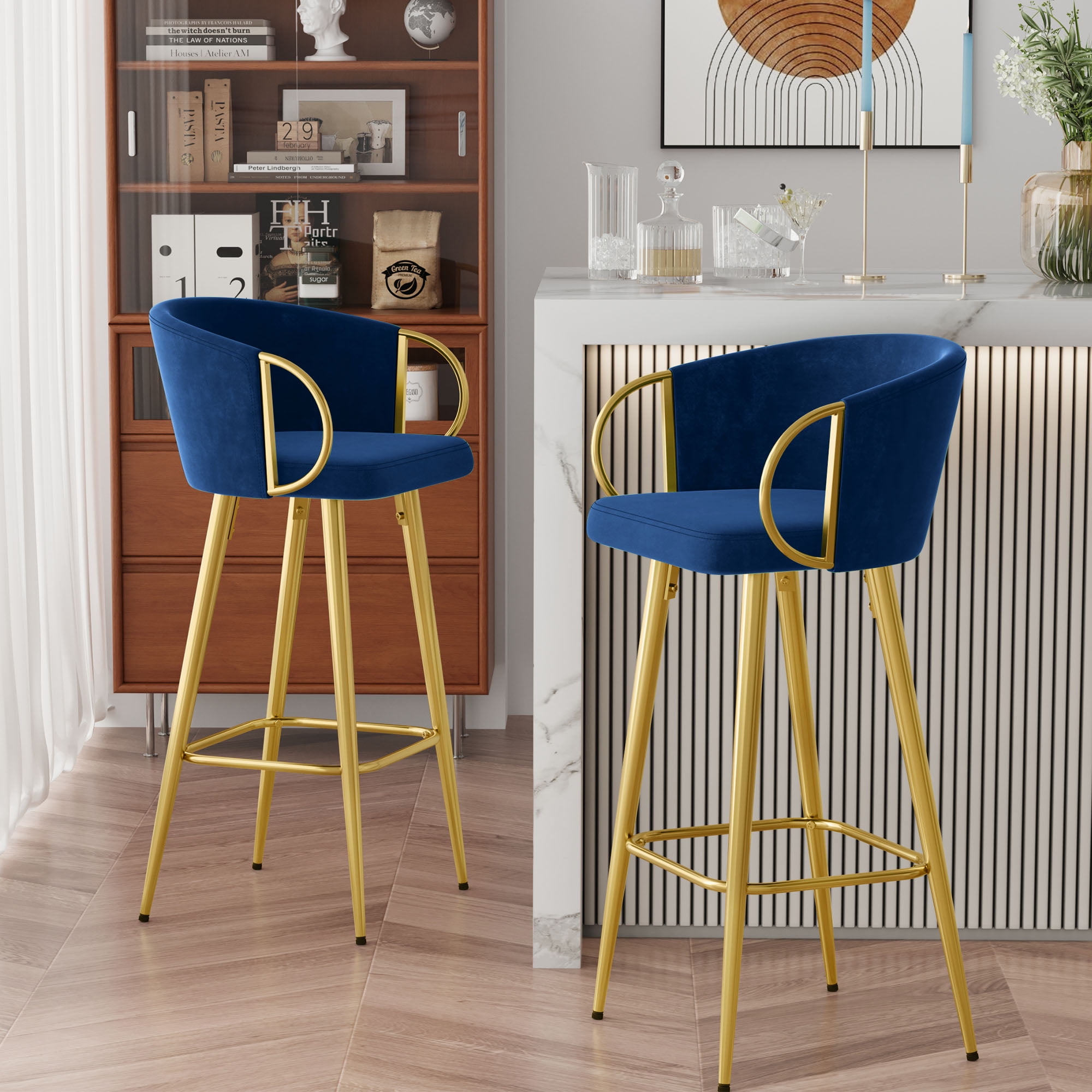 Dextrus 27" Velvet Counter Stools Set of 2, Mid-century Modern Bar ...