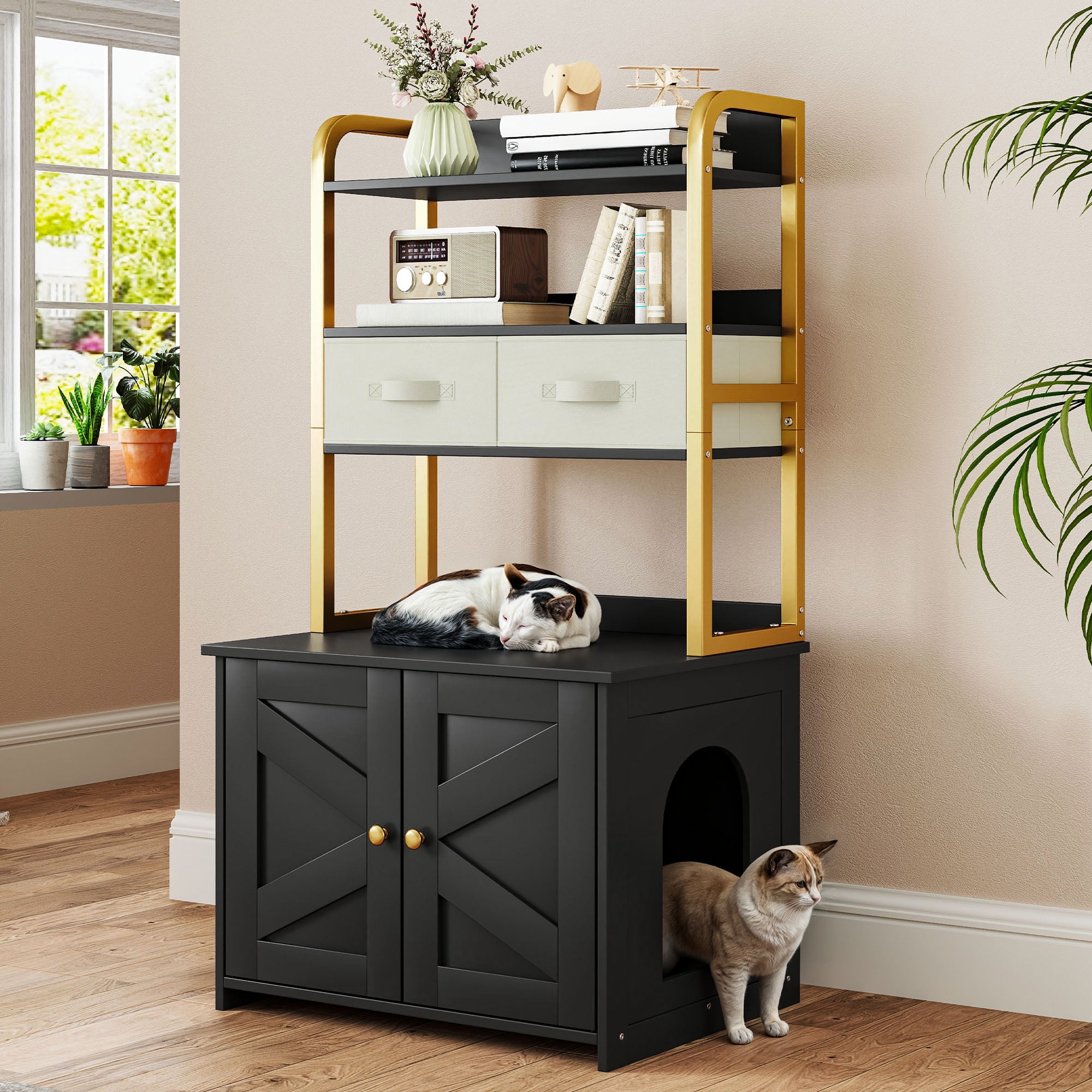 Dextrus 27" Wood Cat Litter Box Furniture with Storage Shelves, Multi ...