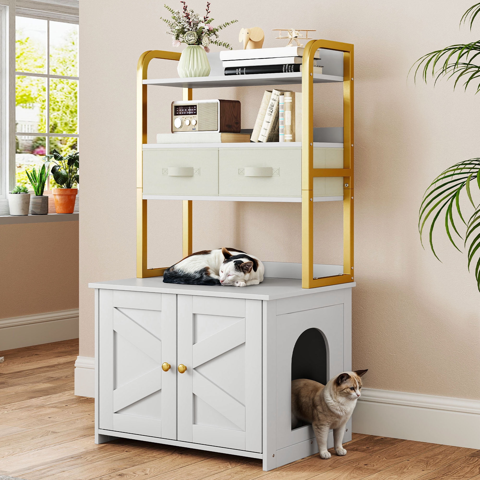 Dextrus 27" Wood Cat Litter Box Furniture with Storage Shelves, Multi ...