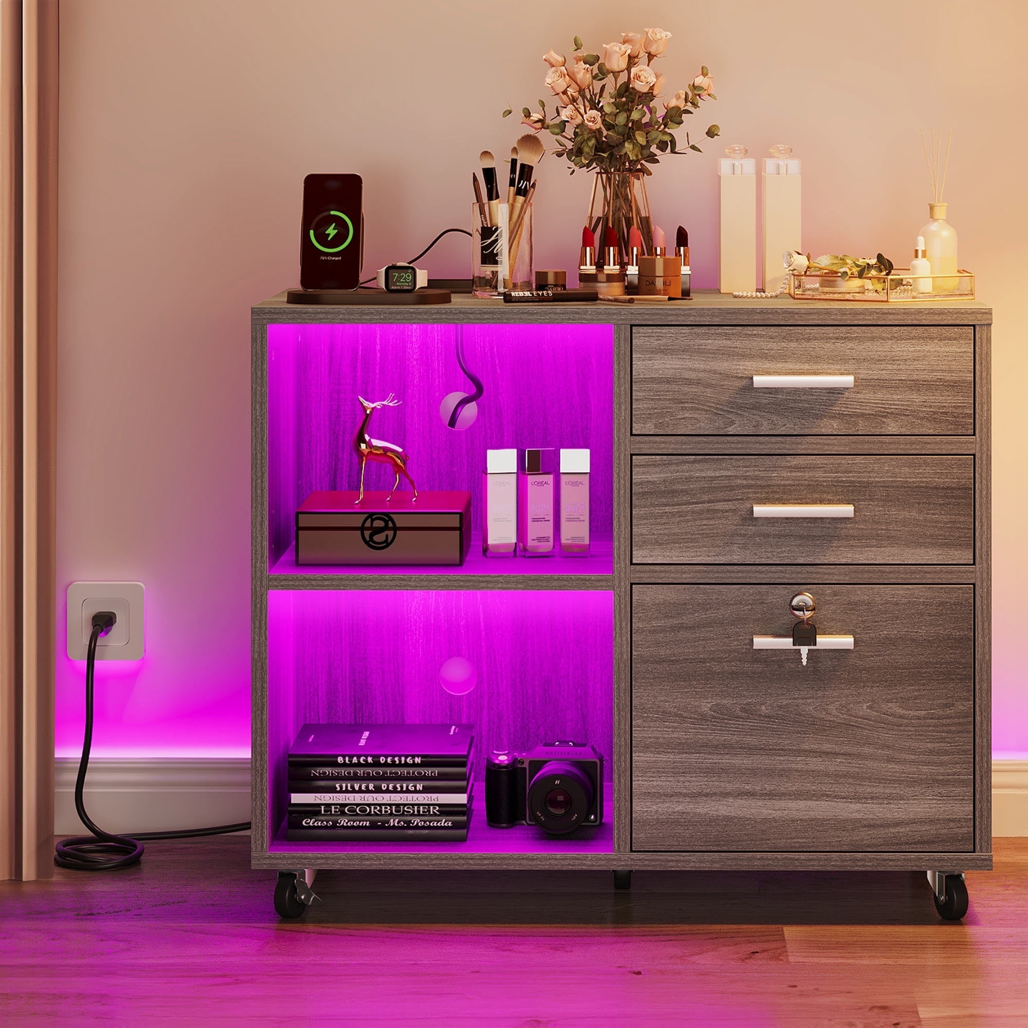 Dextrus 3 Drawer File Cabinet with Charging Station& Lock& LED Light ...