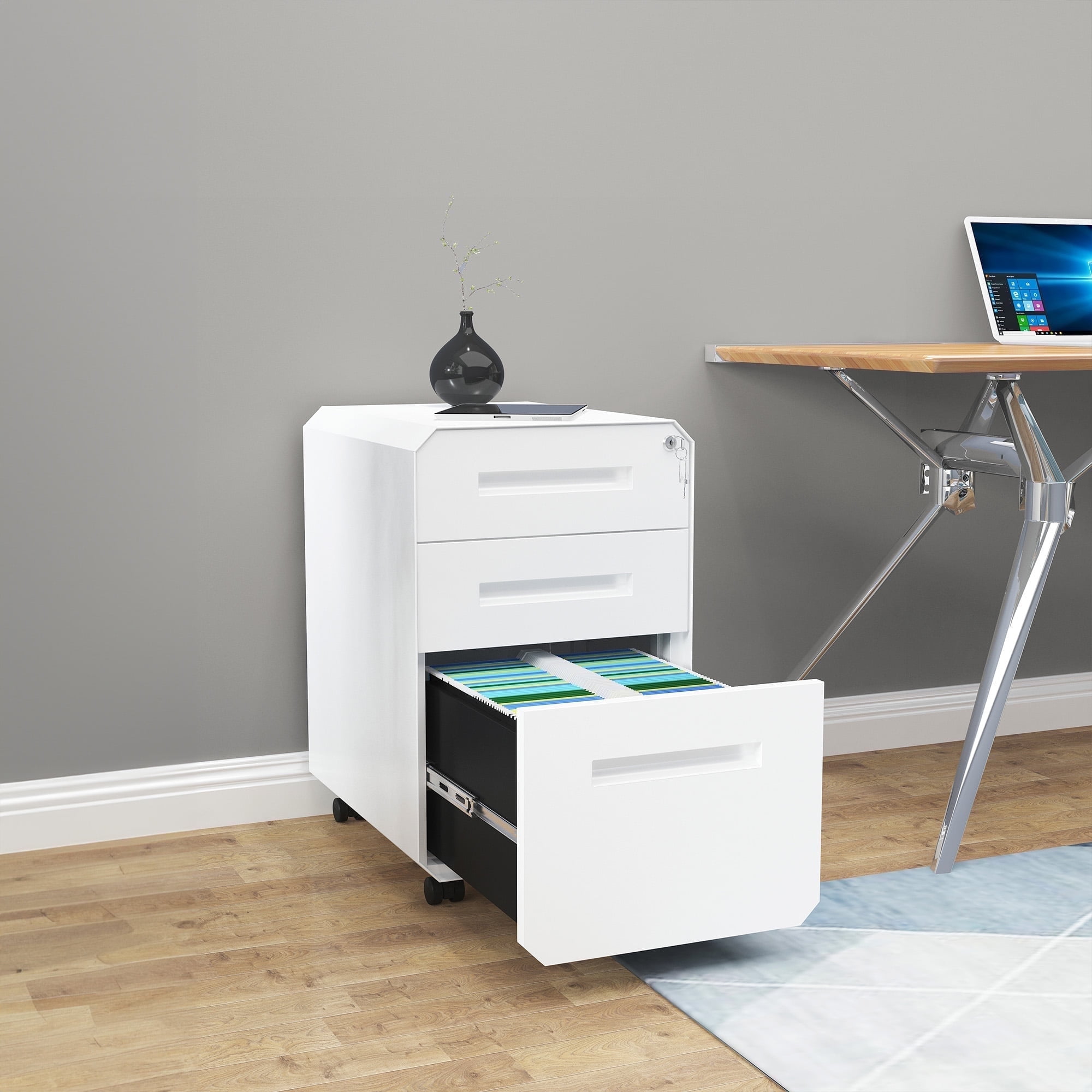 Dextrus 3-Drawer Lockable Metal Filing Cabinet with Divider and Pencil ...