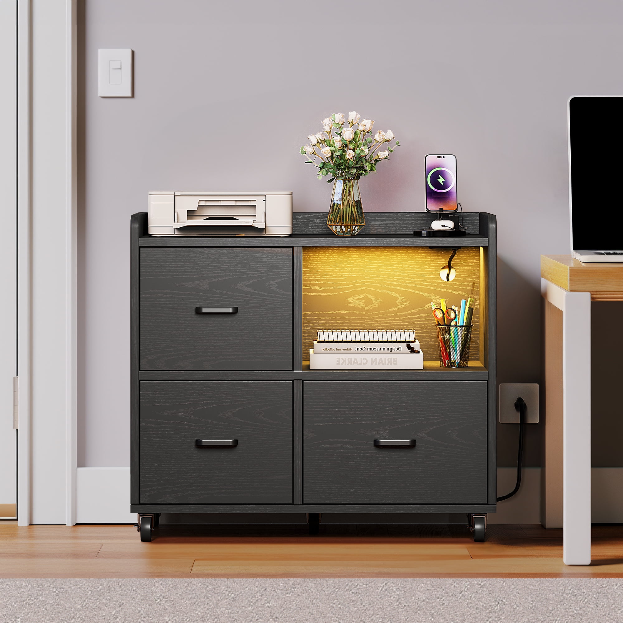 Dextrus 3 Drawer Wood File Cabinet With Charging Station And Led Light Rolling File Cabinet