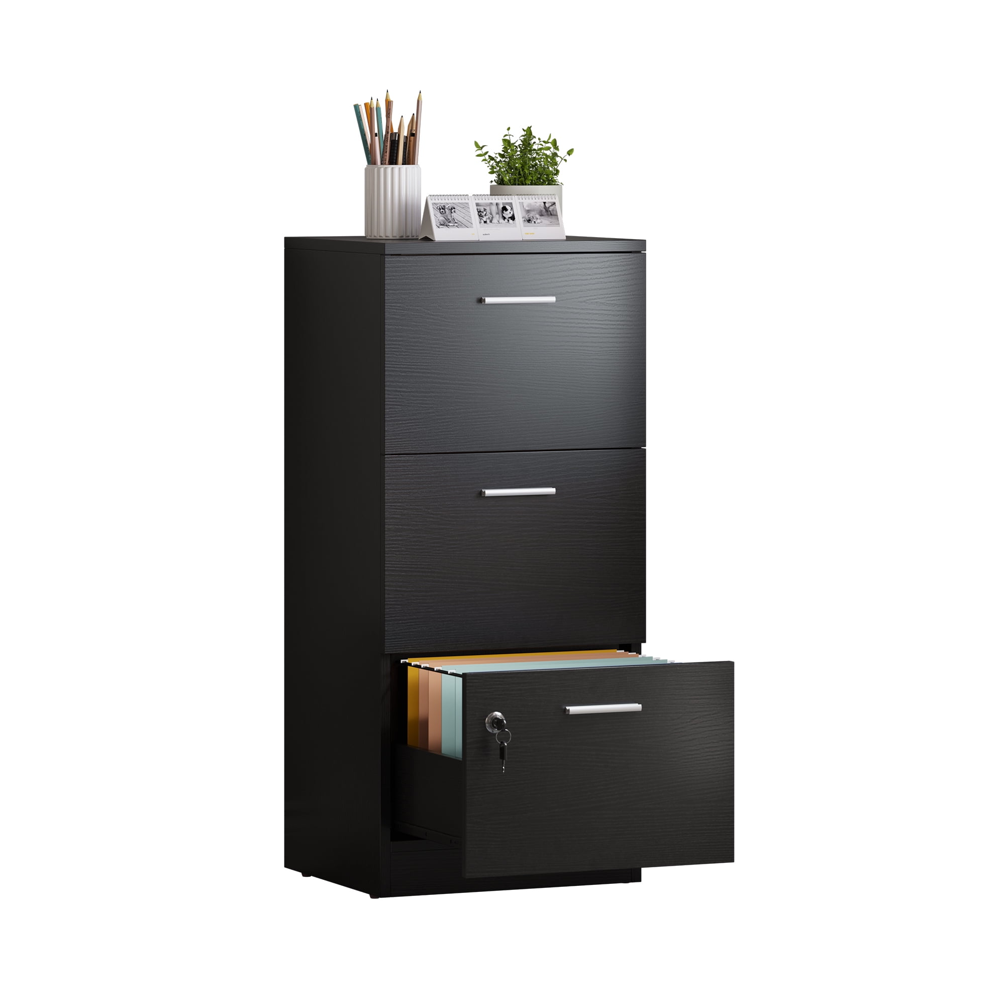 "DEXTRUS 3-Drawer Lockable Wood File Cabinet, Black, 15.8"" Vertical ...