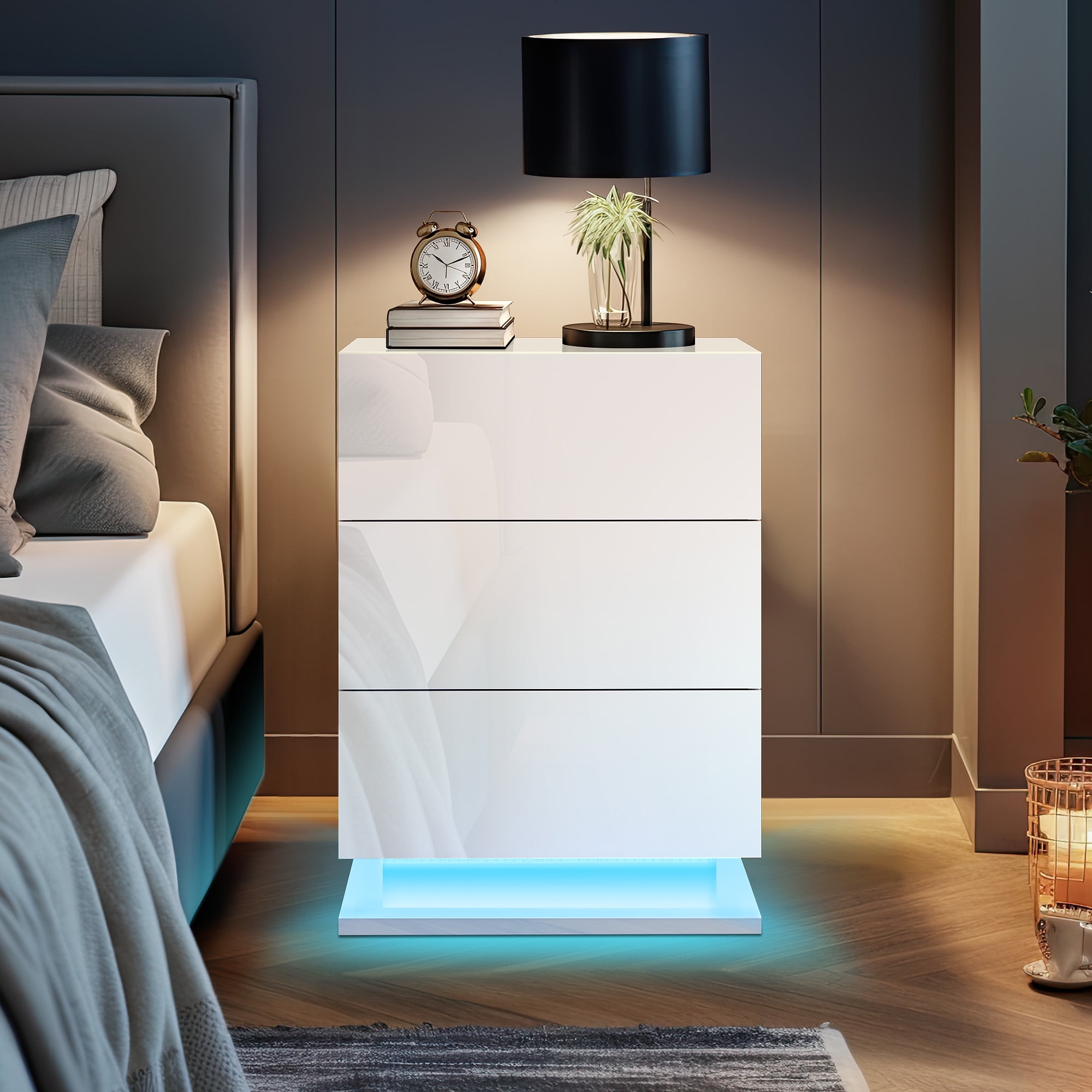 Dextrus LED Nightstand, 3 Drawers, High Gloss, Adjustable Light ...