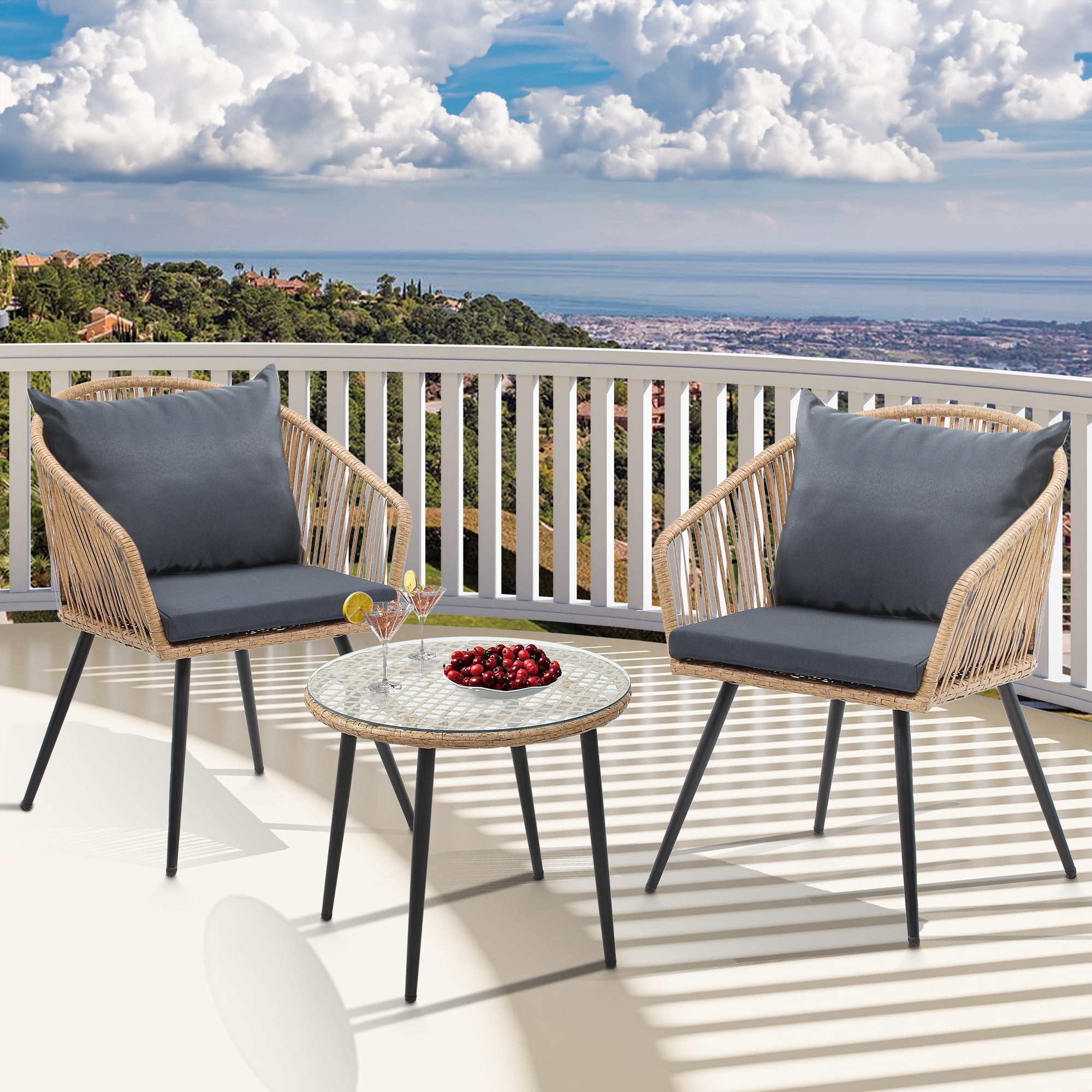 Dextrus 3-Piece Outdoor Patio Furniture Wicker Bistro Set, All-Weather ...