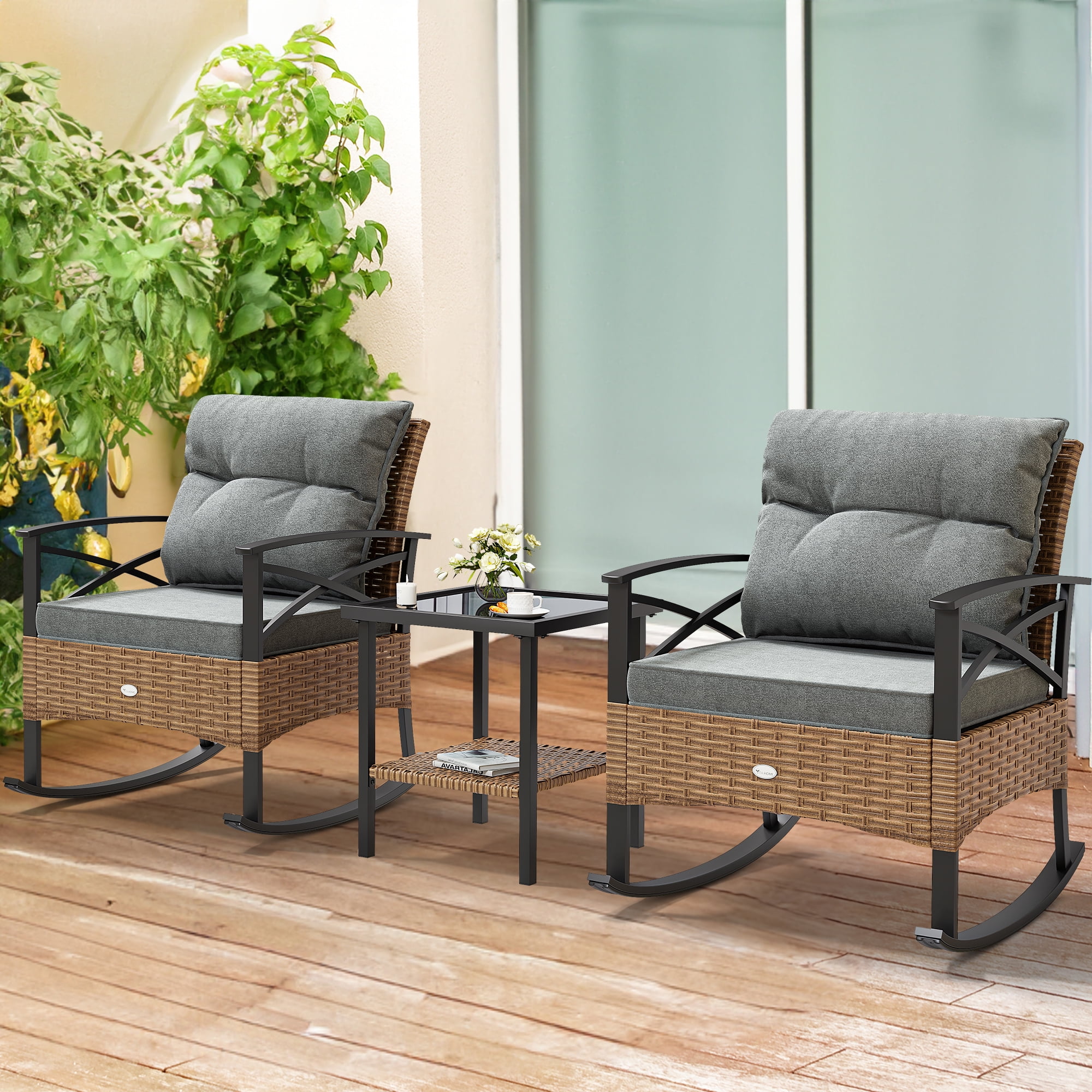 Dextrus 3-Piece Outdoor Rocking Chair Bistro Set, Patio Wicker Rocking ...