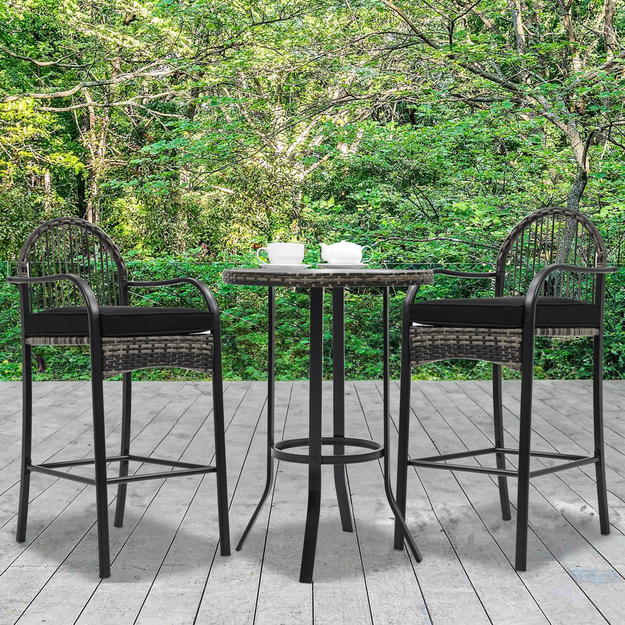 Dextrus 3-Piece Patio Outside Rattan High Top Tall Poolside Chairs with ...