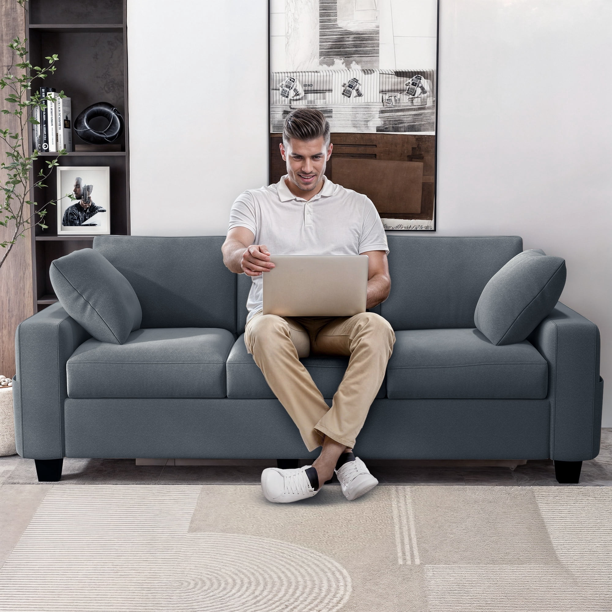 Dextrus 3 Seat Sofa with 2 Pillows, 80" Modern Sofa Couch with Side ...