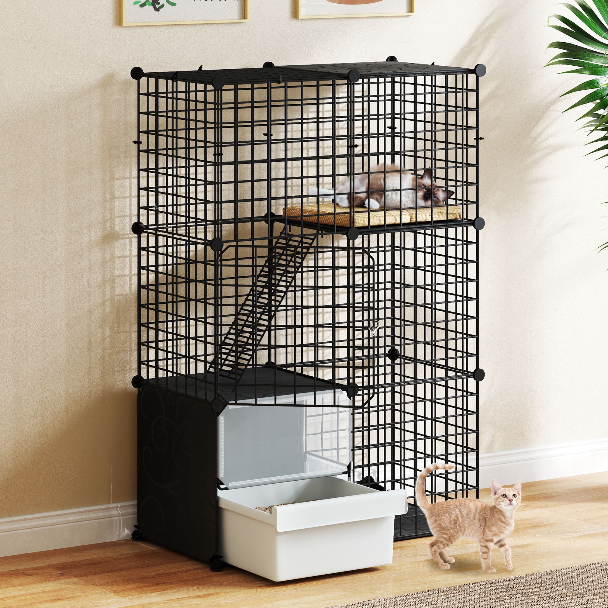 Dextrus 3-Tier Cat Cage with Litter Box, Platforms & Ramp, Spacious ...