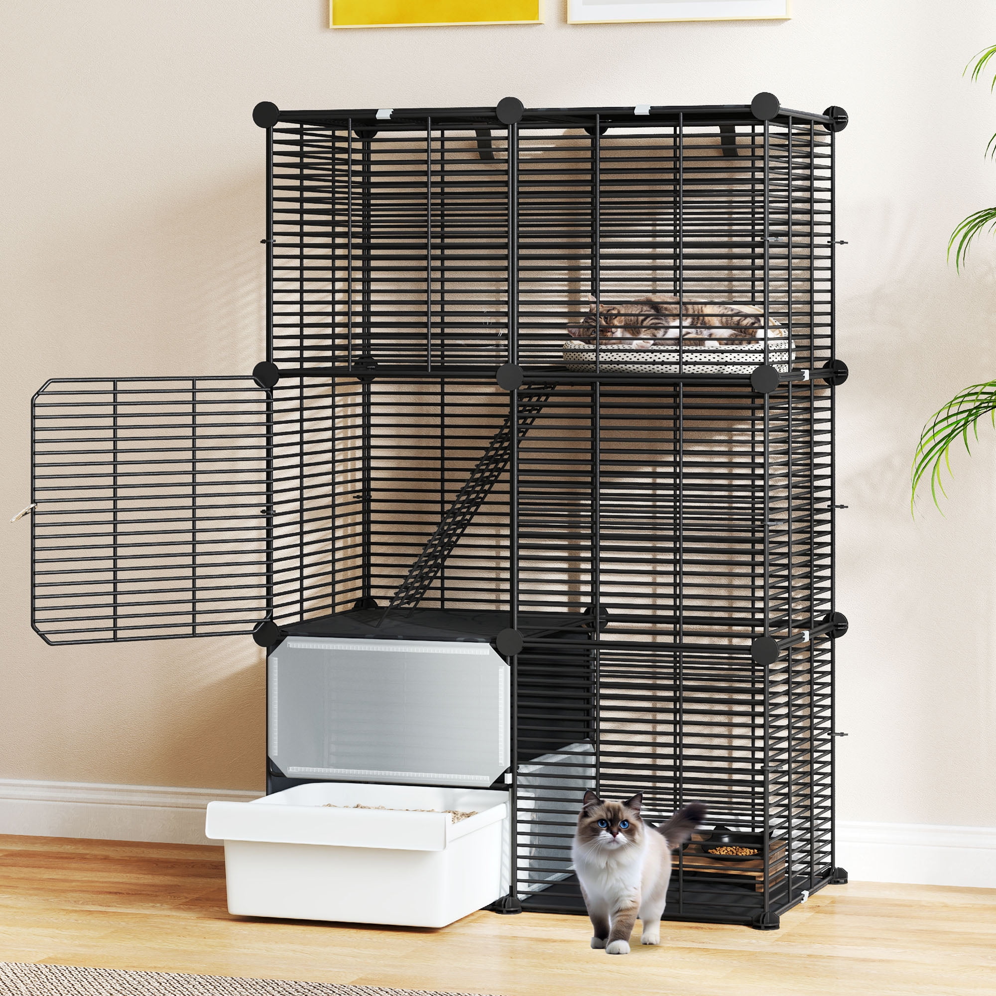 Dextrus 3-Tier Cat Cage with Litter Box, Ramp & Platforms, DIY Indoor ...